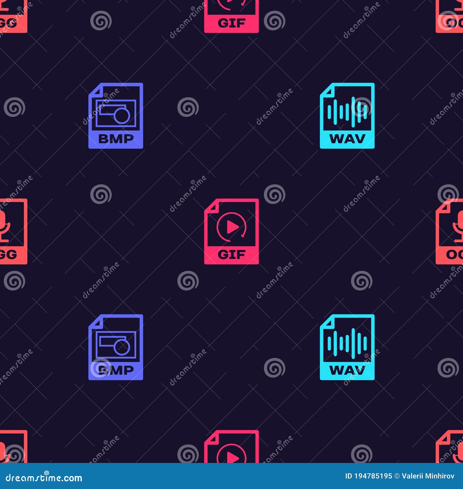 Set WAV File Document, BMP, GIF and OGG on Seamless Pattern. Vector ... Set WAV File Document, BMP, GIF and OGG on Seamless Pattern. Vector ...