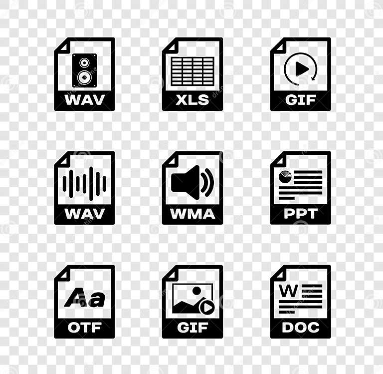Set WAV File Document, XLS, GIF, OTF, and DOC Icon. Vector Stock Vector ... Set WAV File Document, XLS, GIF, OTF, and DOC Icon. Vector Stock Vector ...