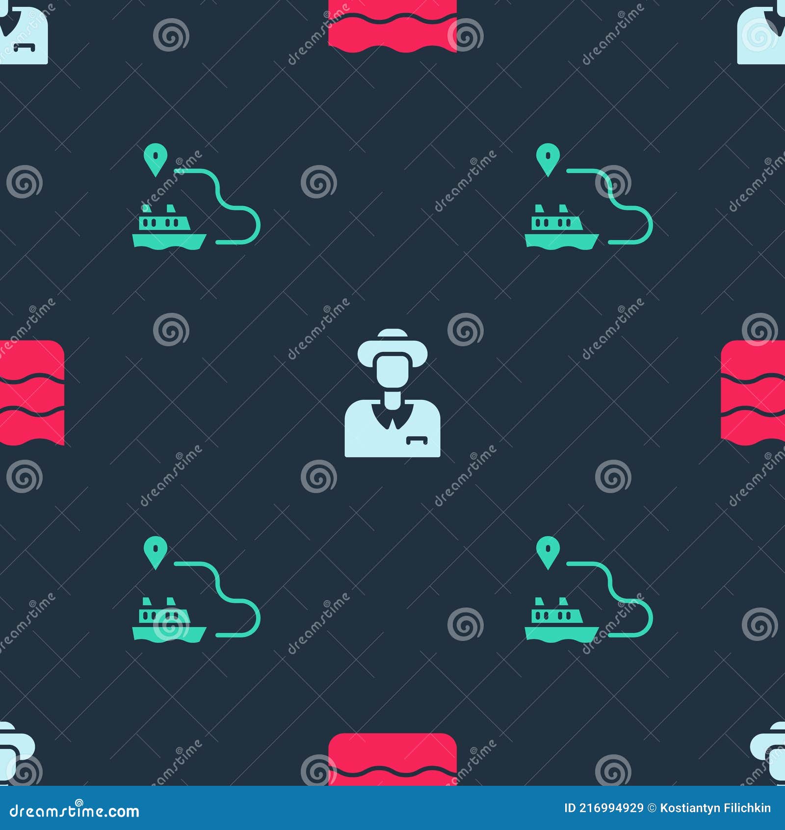 Set Wave, Tourist and Ship Line Path on Seamless Pattern. Vector Stock ...