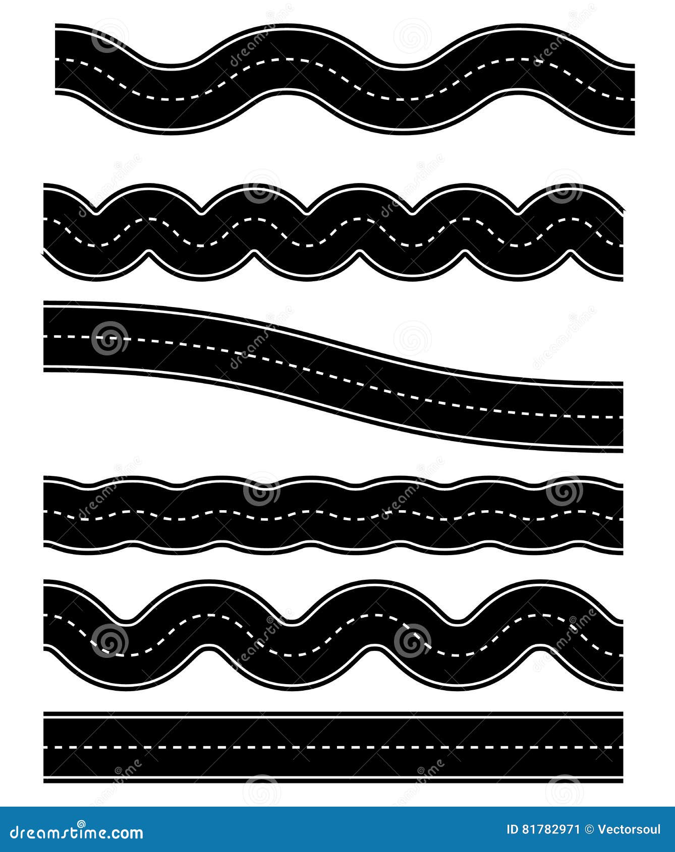 Set of Wavy Road Elements with Dashed Lines Straight Version is Stock ...