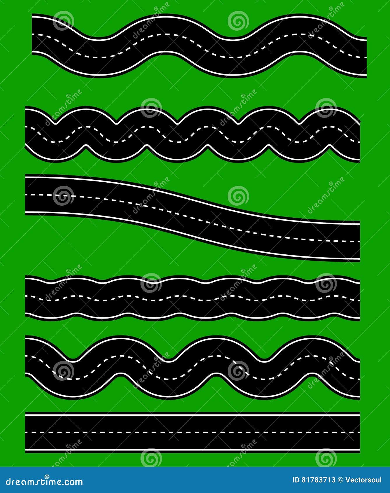 Set Of Wavy Road Elements With Dashed Lines Straight Version Is Vector ...
