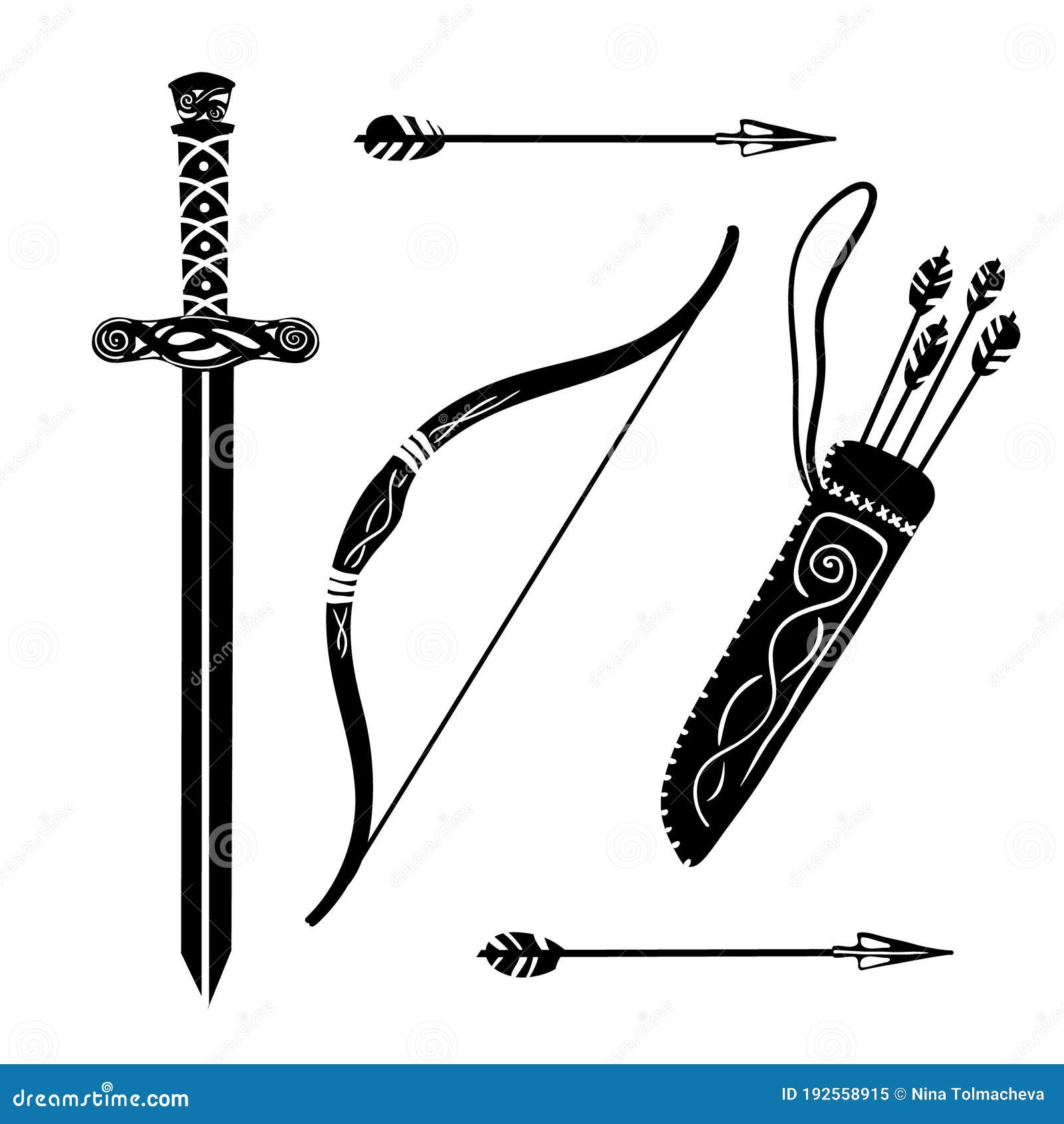 Vector Black Silhouette Bow, Arrow, Quiver, Sword Stock Vector ...