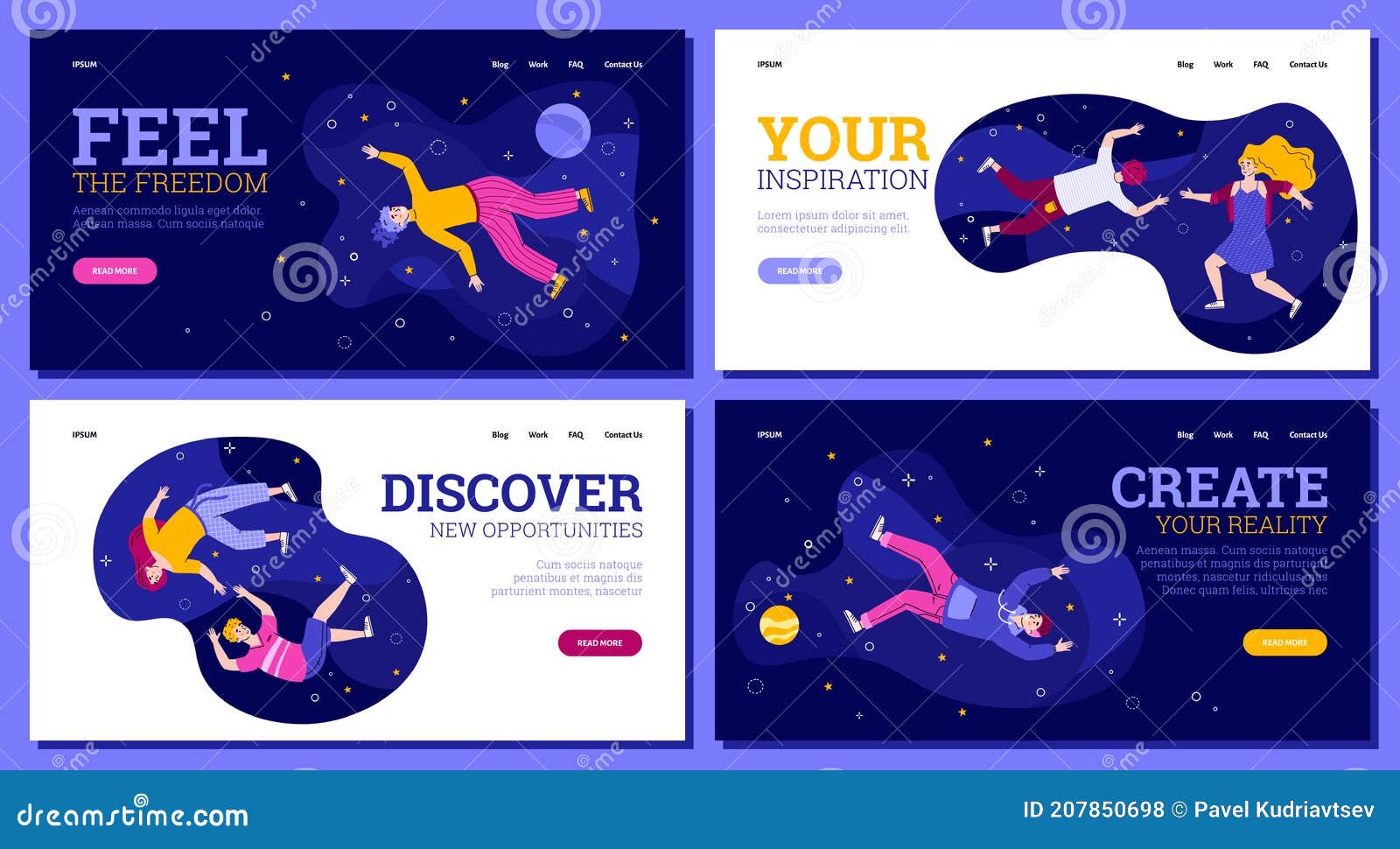 Set of Web Banners with People Floating in the Sky, Vector Cartoon ...
