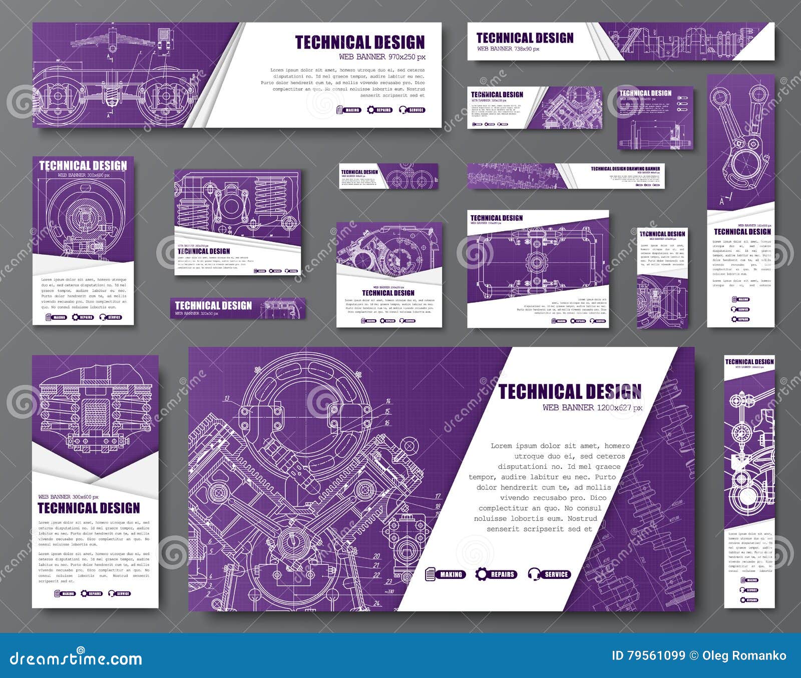Set of Web Banners with Technical Drawings Stock Vector - Illustration ...