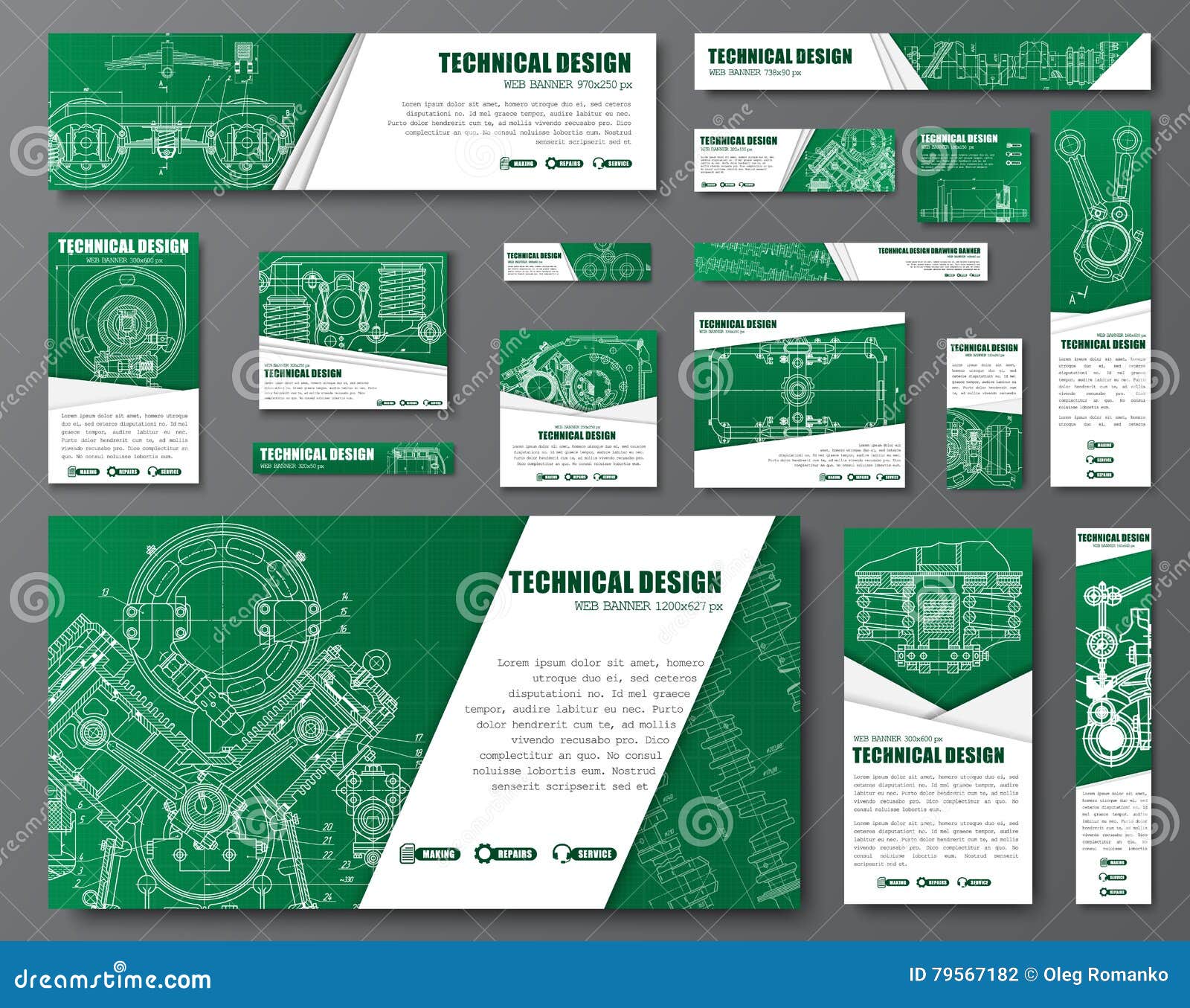 Set of Web Banners with Technical Drawings Stock Vector - Illustration ...