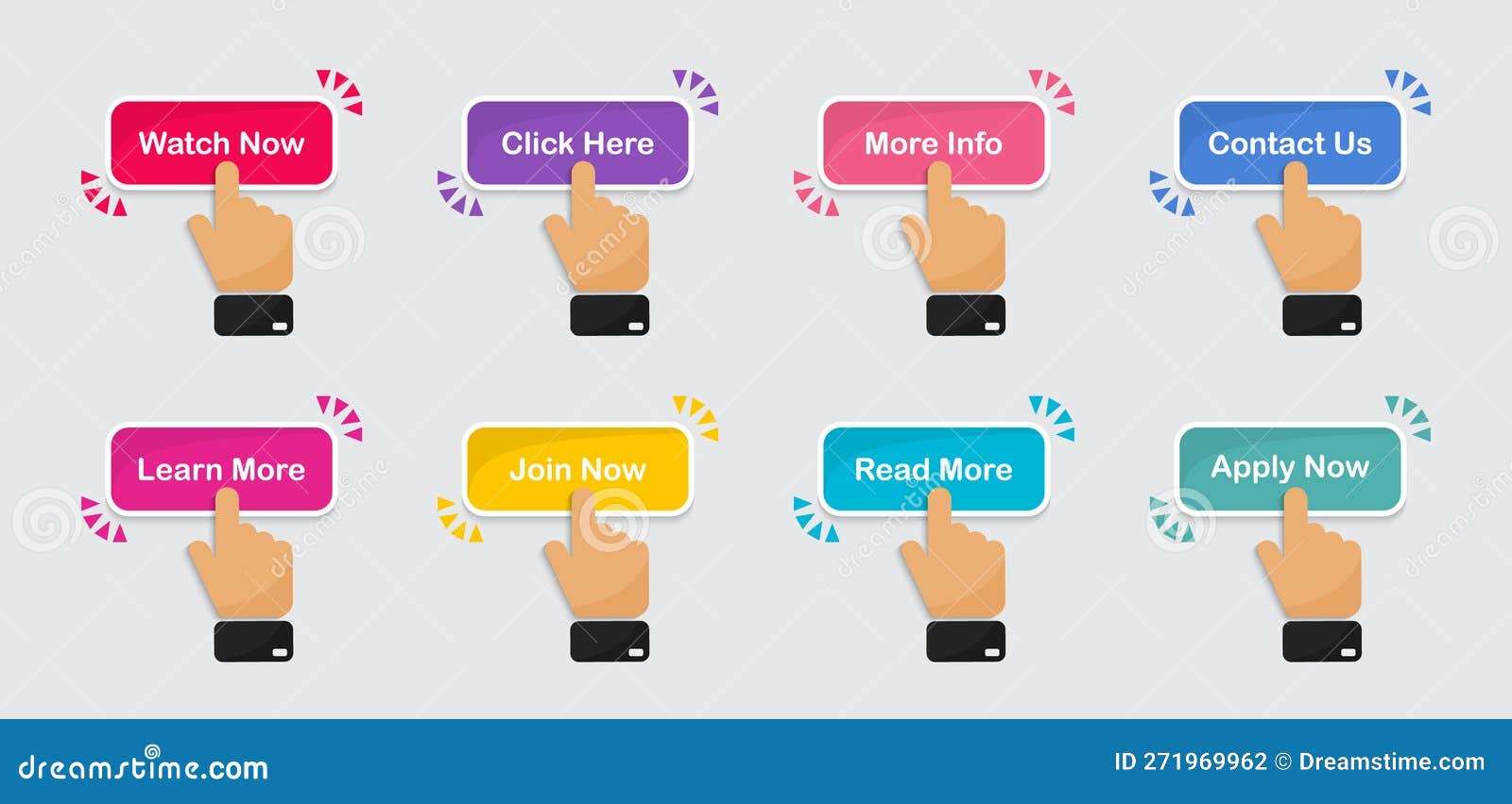 Set of Web Buttons with Hand Click in a Flat Design. Web Button ...