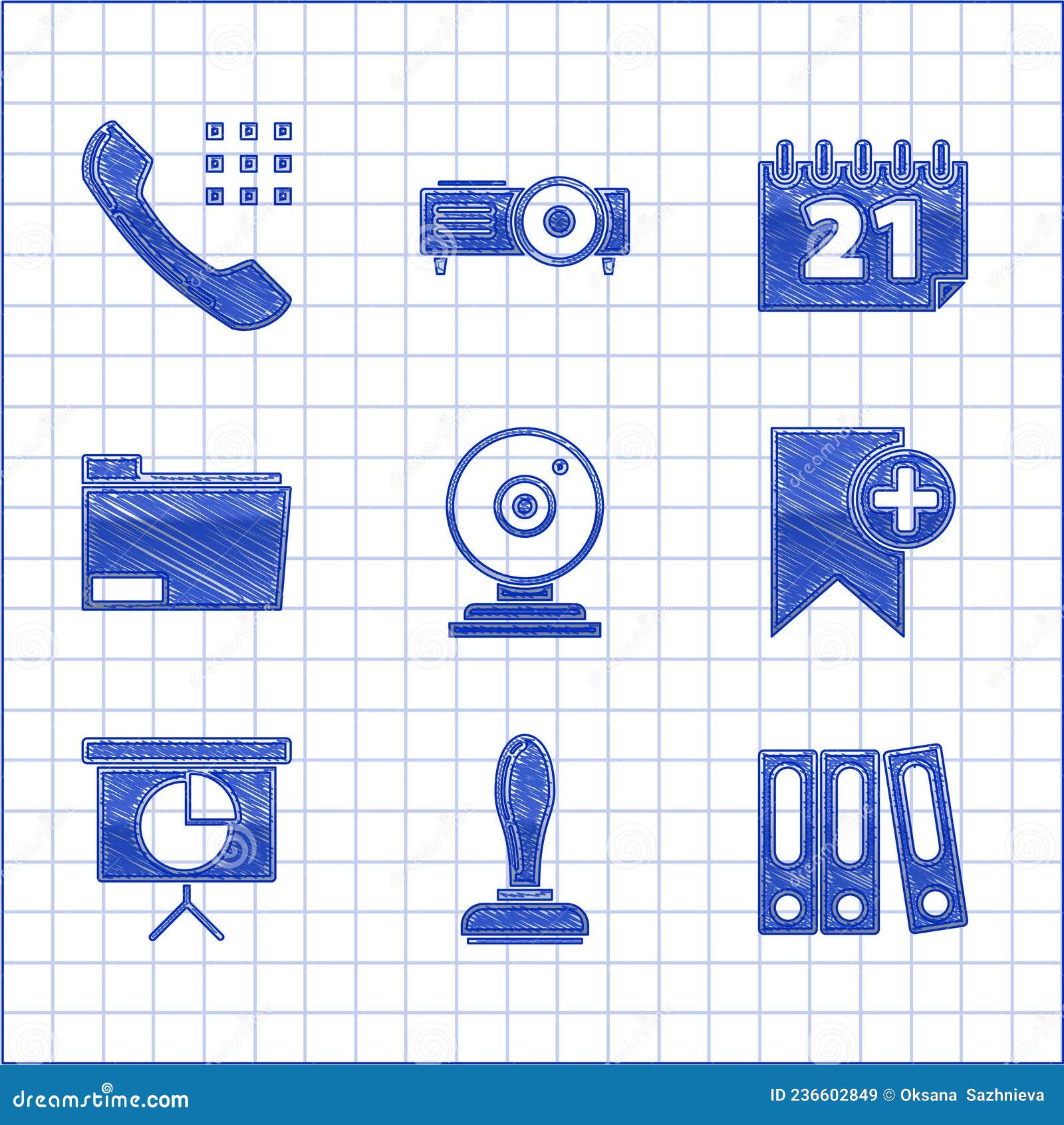 Set Web Camera, Bookmark, Presentation Financial Board Graph, Schedule ...