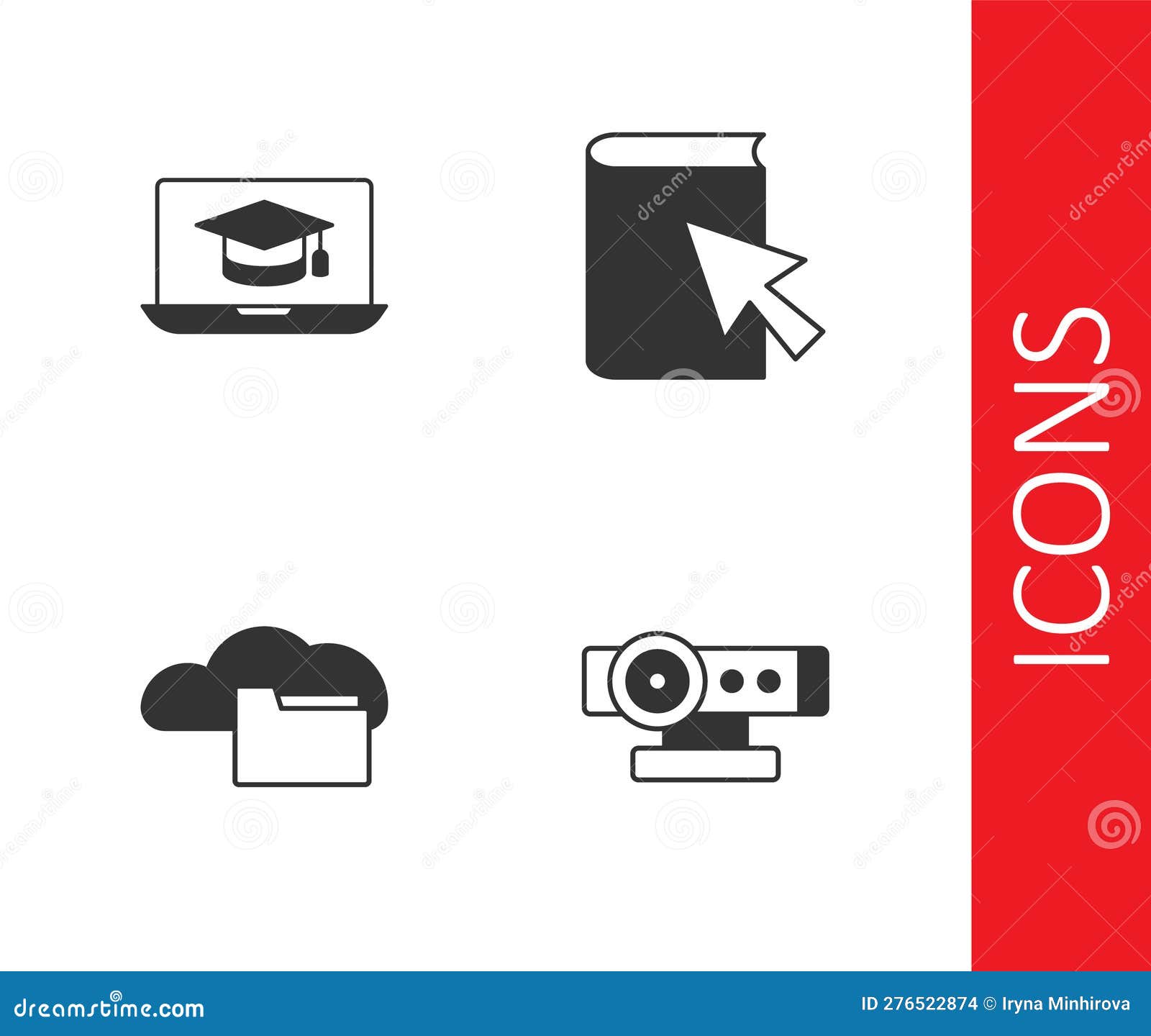 Set Web Camera, Graduation Cap on Laptop, Cloud or Online Library and ...