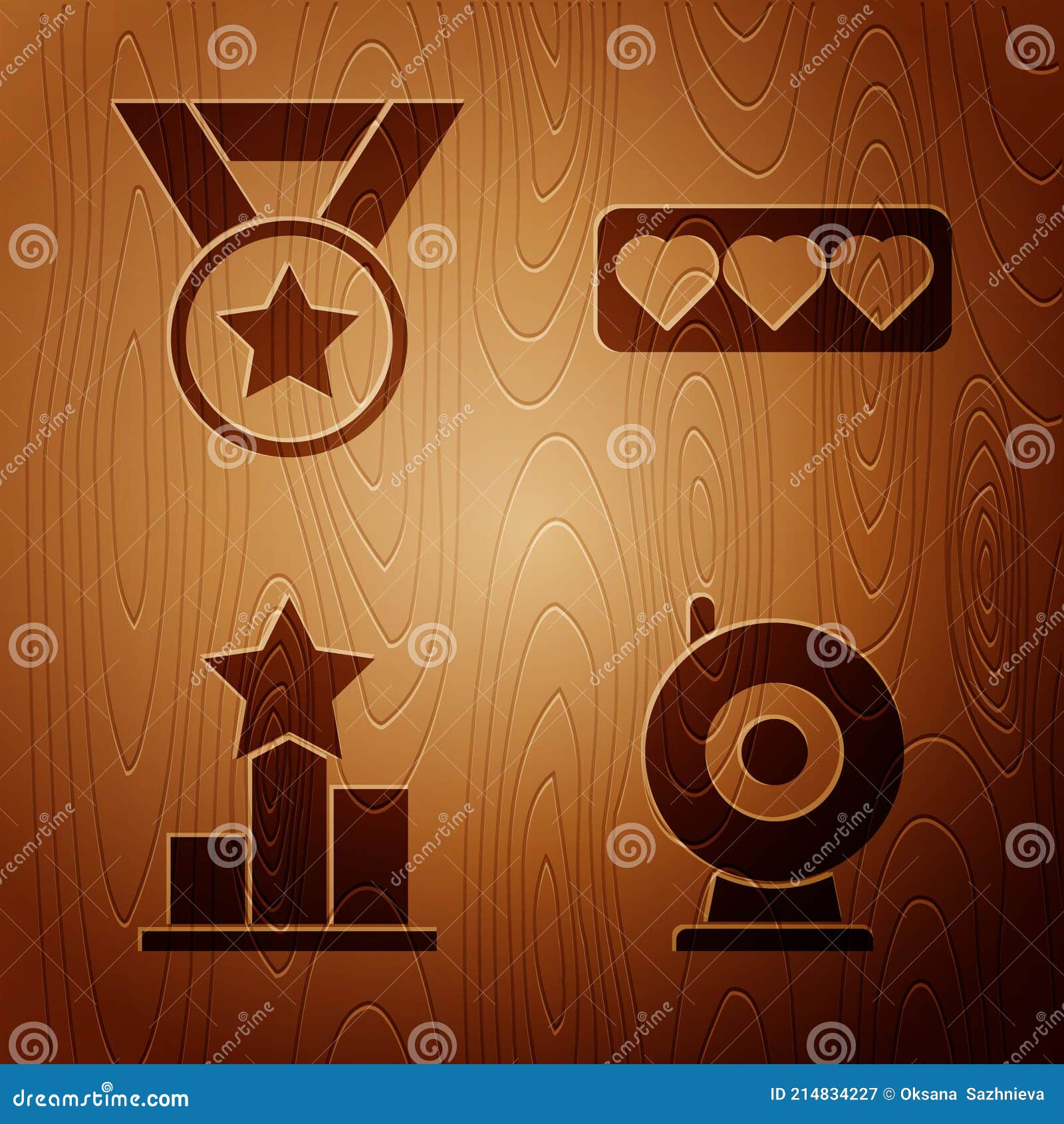 Set Web Camera, Medal, Star and Like and Heart on Wooden Background ...