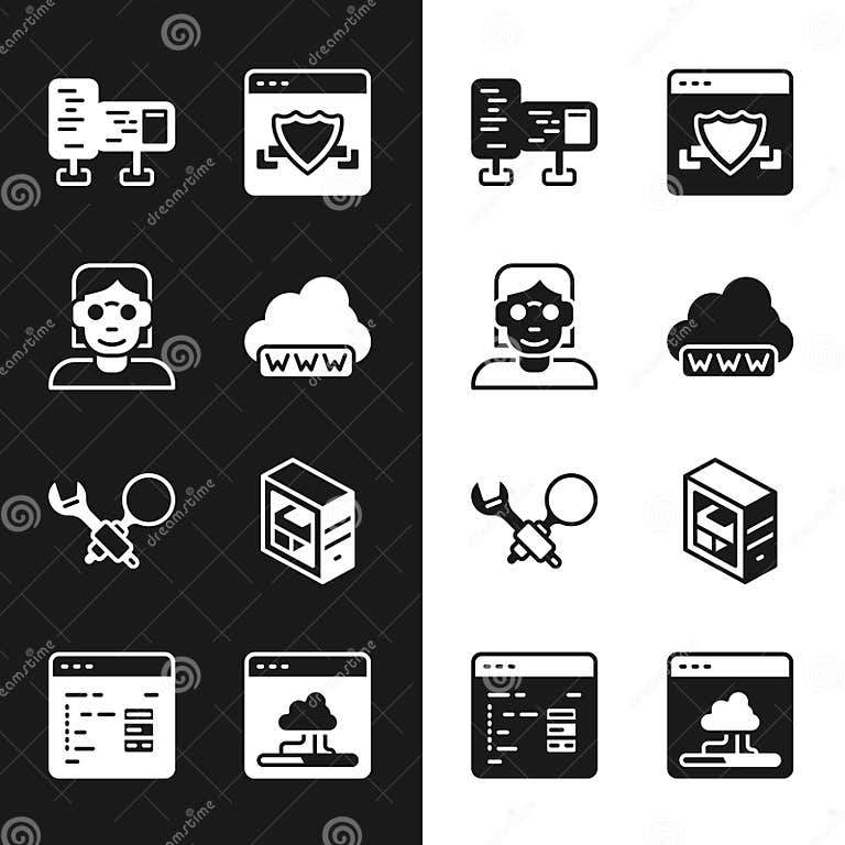 Set Web Development, Hacker or Coder, Computer Monitor Screen, Browser with Shield, Debugging ...