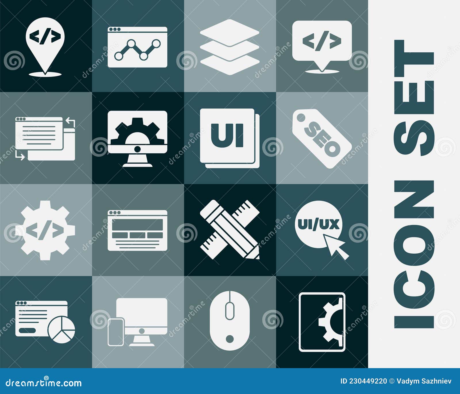 Set Web Development, UI or UX Design, SEO Optimization, Layers, Front End and Icon. Vector Stock ...