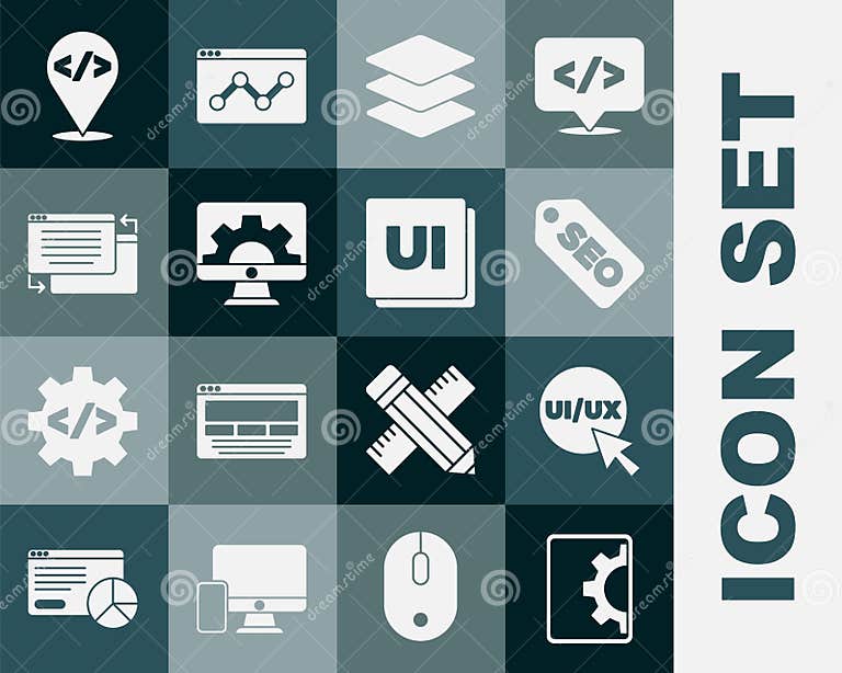 Set Web Development, UI or UX Design, SEO Optimization, Layers, Front End and Icon. Vector Stock ...