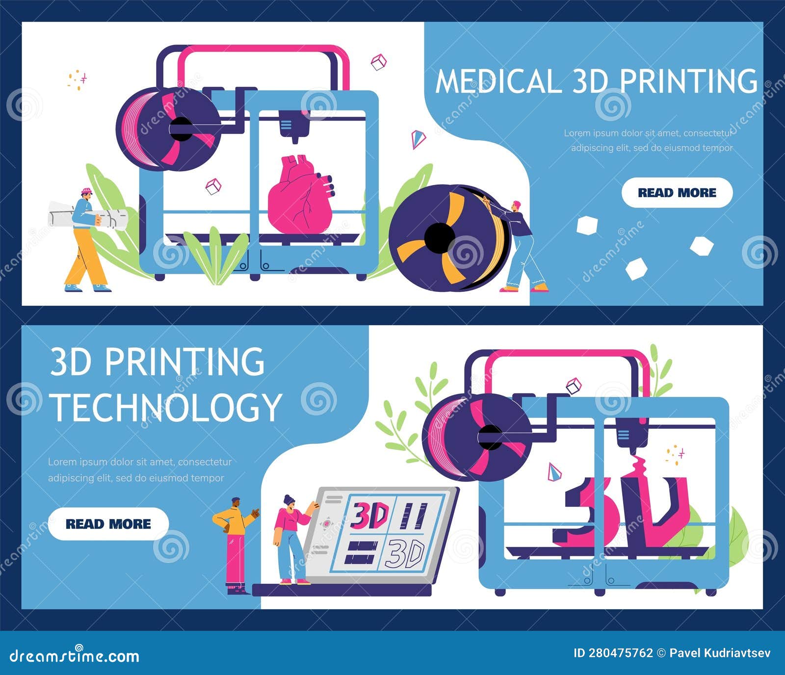 Set of Website Banner Templates about 3D Printing Flat Style Stock ...