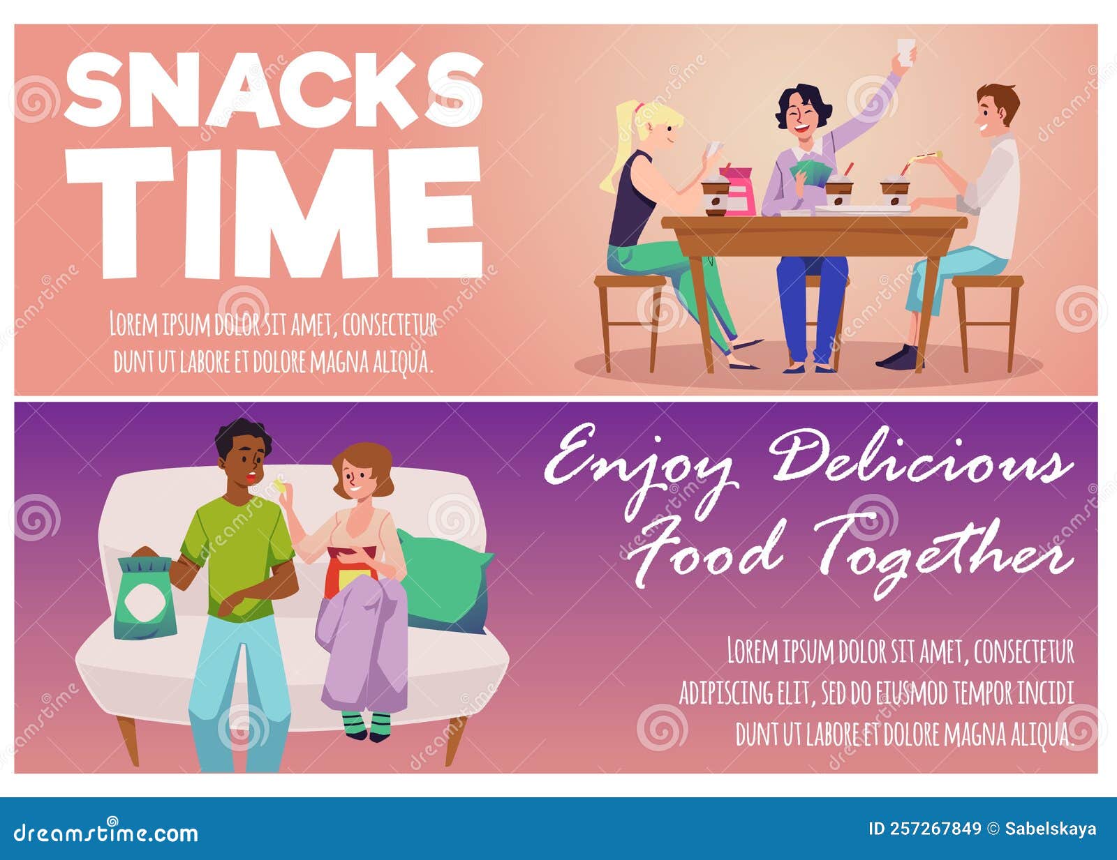 Set of Website Banner Templates about Snacking People Flat Style Stock ...