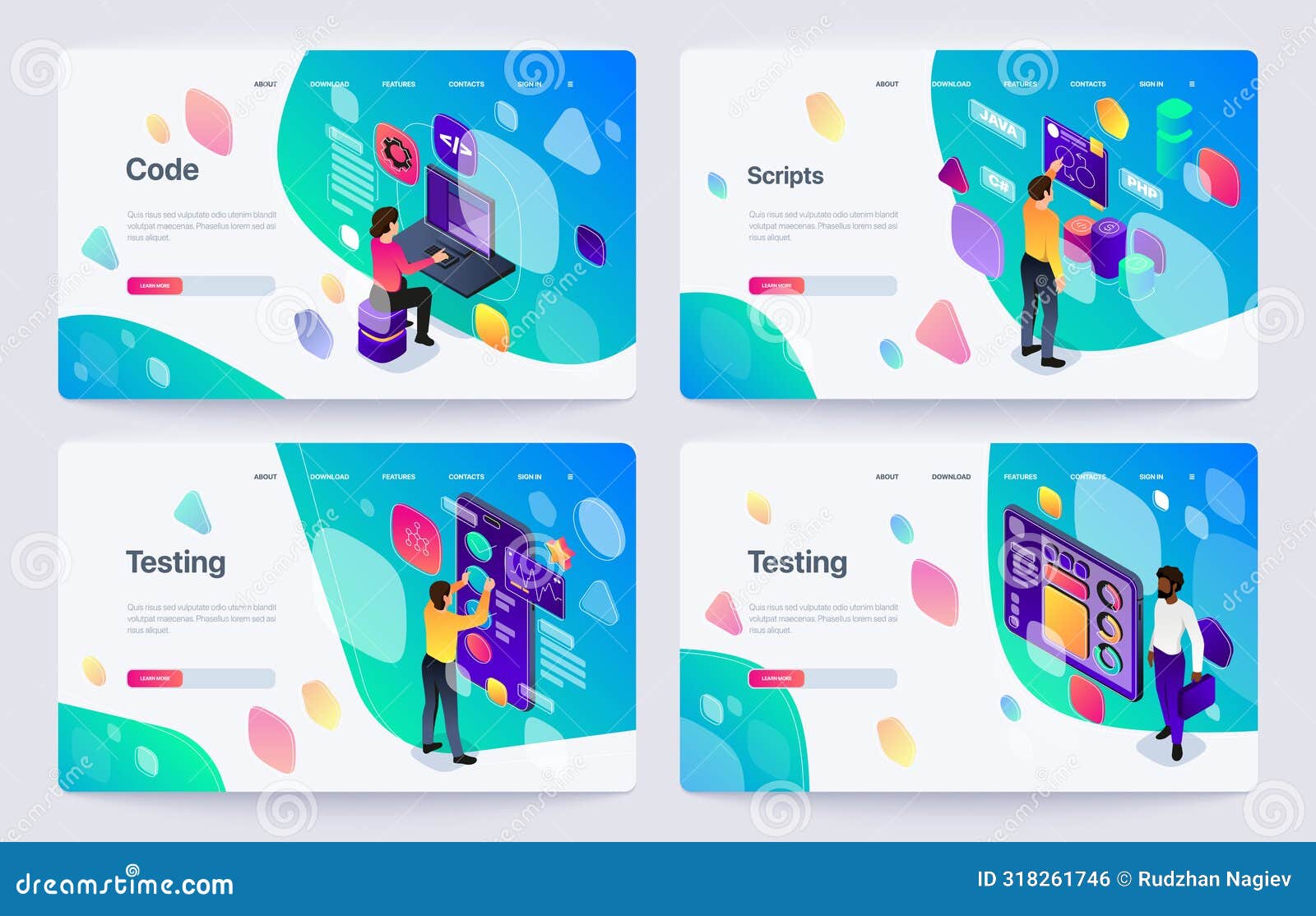 Set of Website Interface Illustrations Featuring Characters Engaging ...