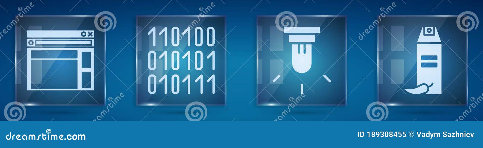 Set Website Template, Binary Code, Motion Sensor and Pepper Spray. Square Glass Panels Stock ...