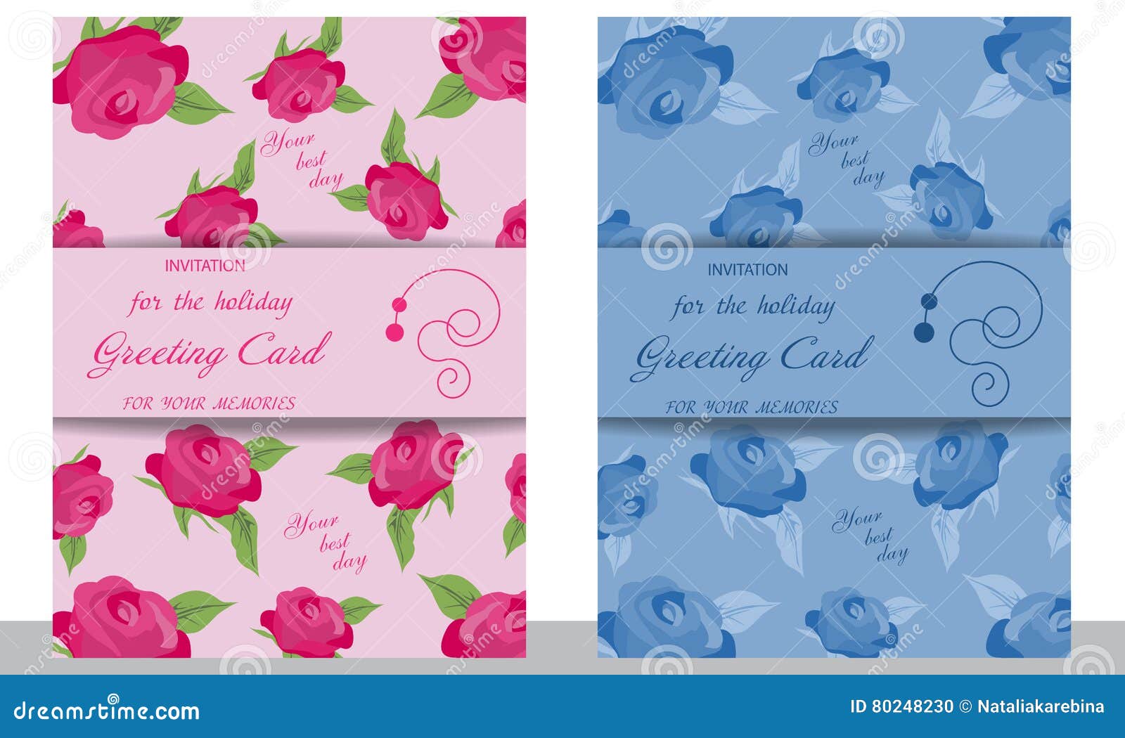 Set Wedding Card with Roses. Decorative Pink and Blue Invitation Stock ...