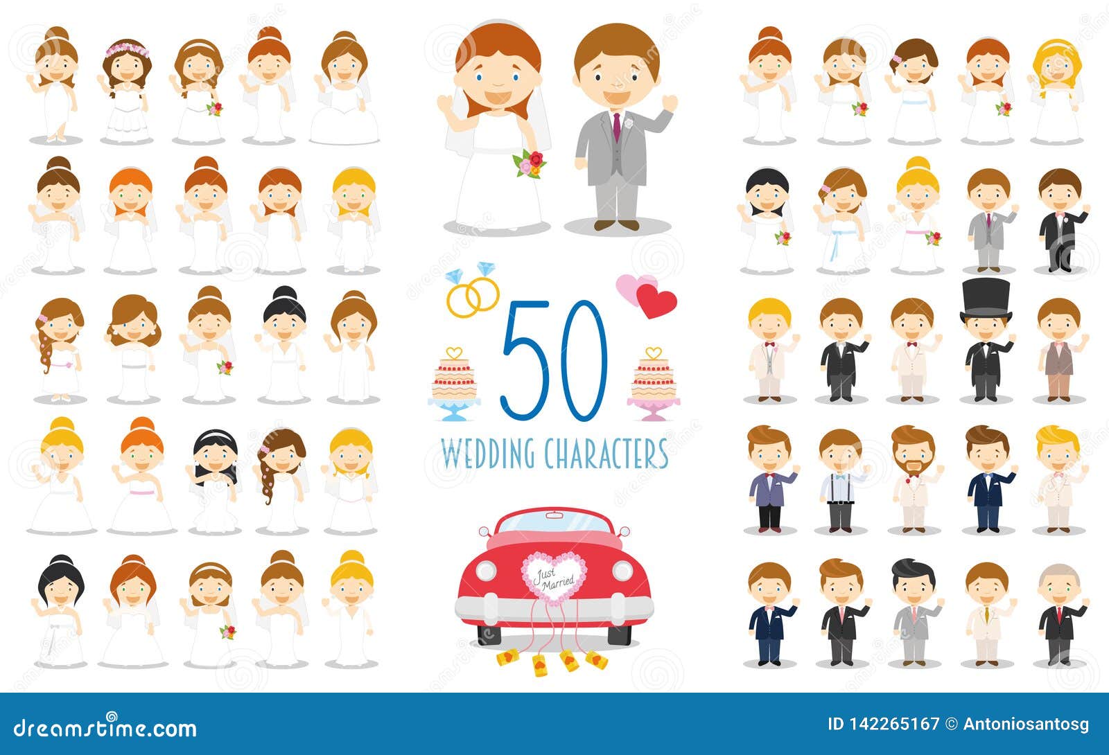 Set of 50 Wedding Characters and Nuptial Icons in Cartoon Style Stock ...