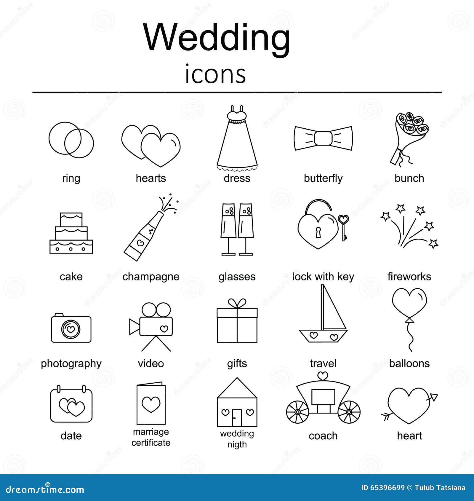 Set of wedding icons. stock vector. Illustration of honeymoon - 65396699