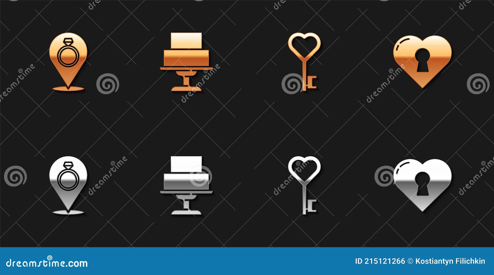 Set Wedding Rings, Cake, Key Heart Shape and Heart with Keyhole Icon ...