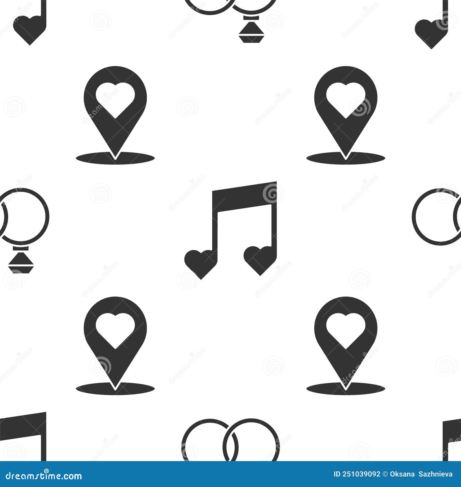 Set Wedding Rings, Music Note, Tone with Hearts and Map Pointer with ...