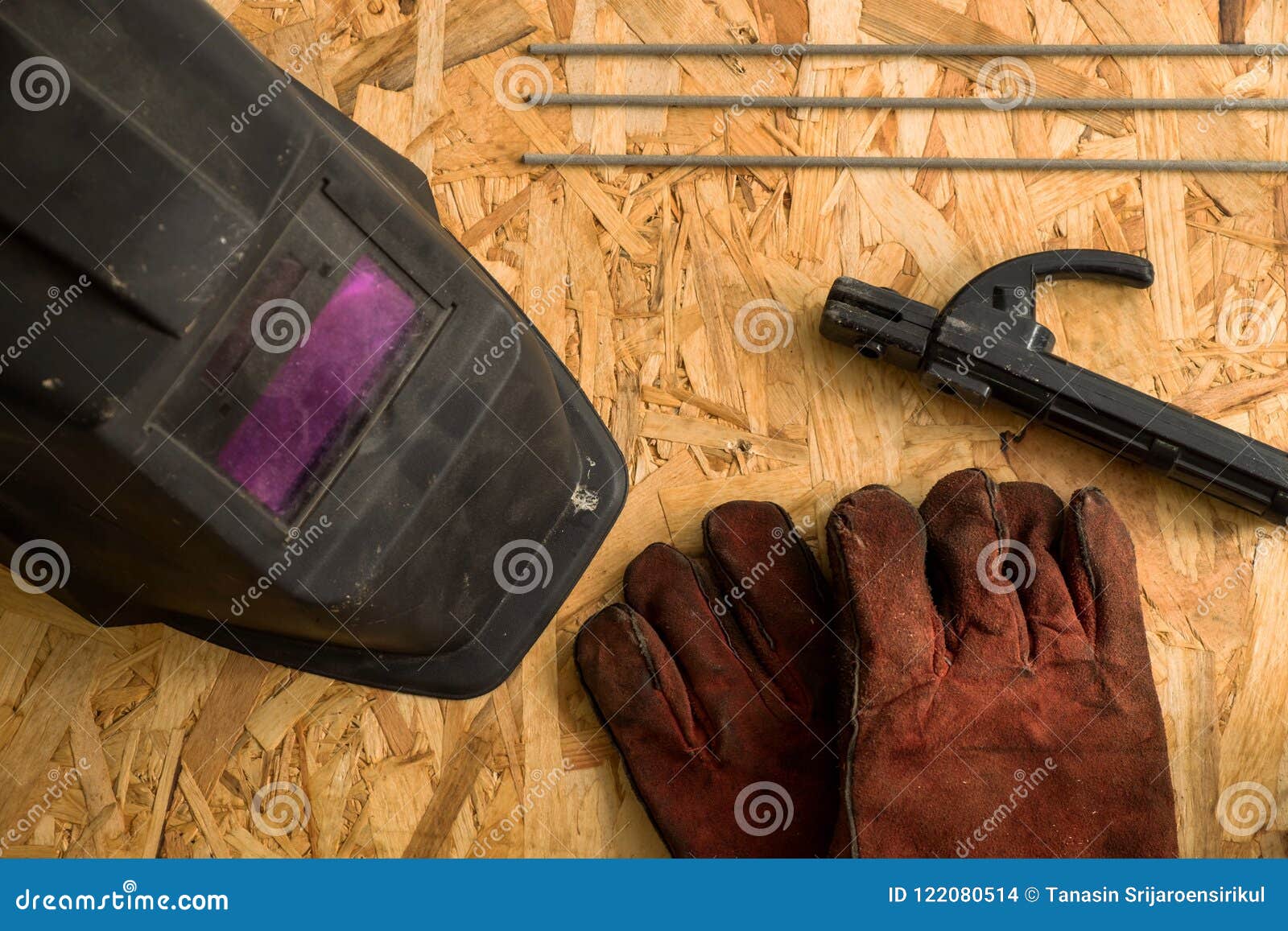 Set of Welder Tools on Wood Background . Flat Lay Tools Working Stock ...