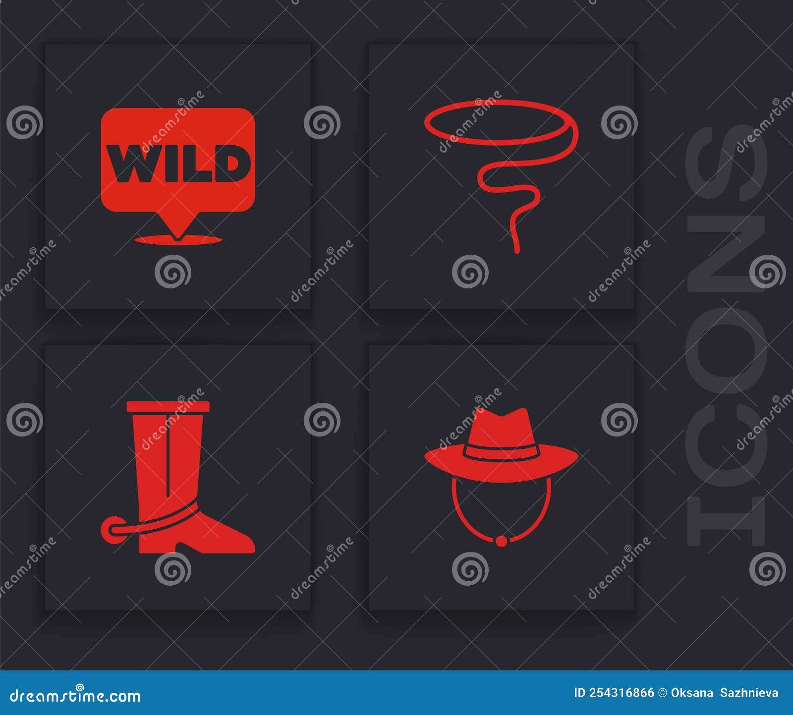 Set Western Cowboy Hat, Pointer To Wild West, Lasso and Cowboy Boot ...