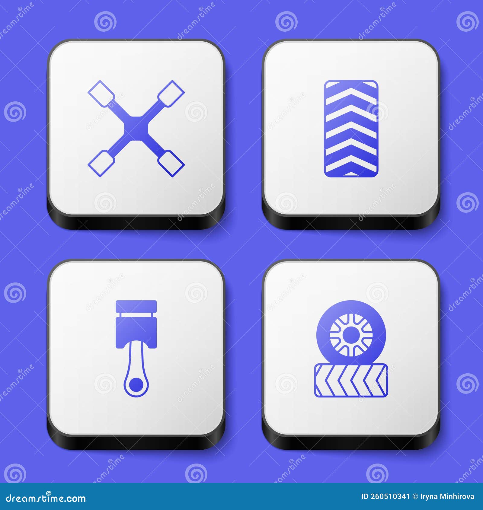 Set Wheel Wrench, Car Tire Wheel, Engine Piston and Icon. White Square ...