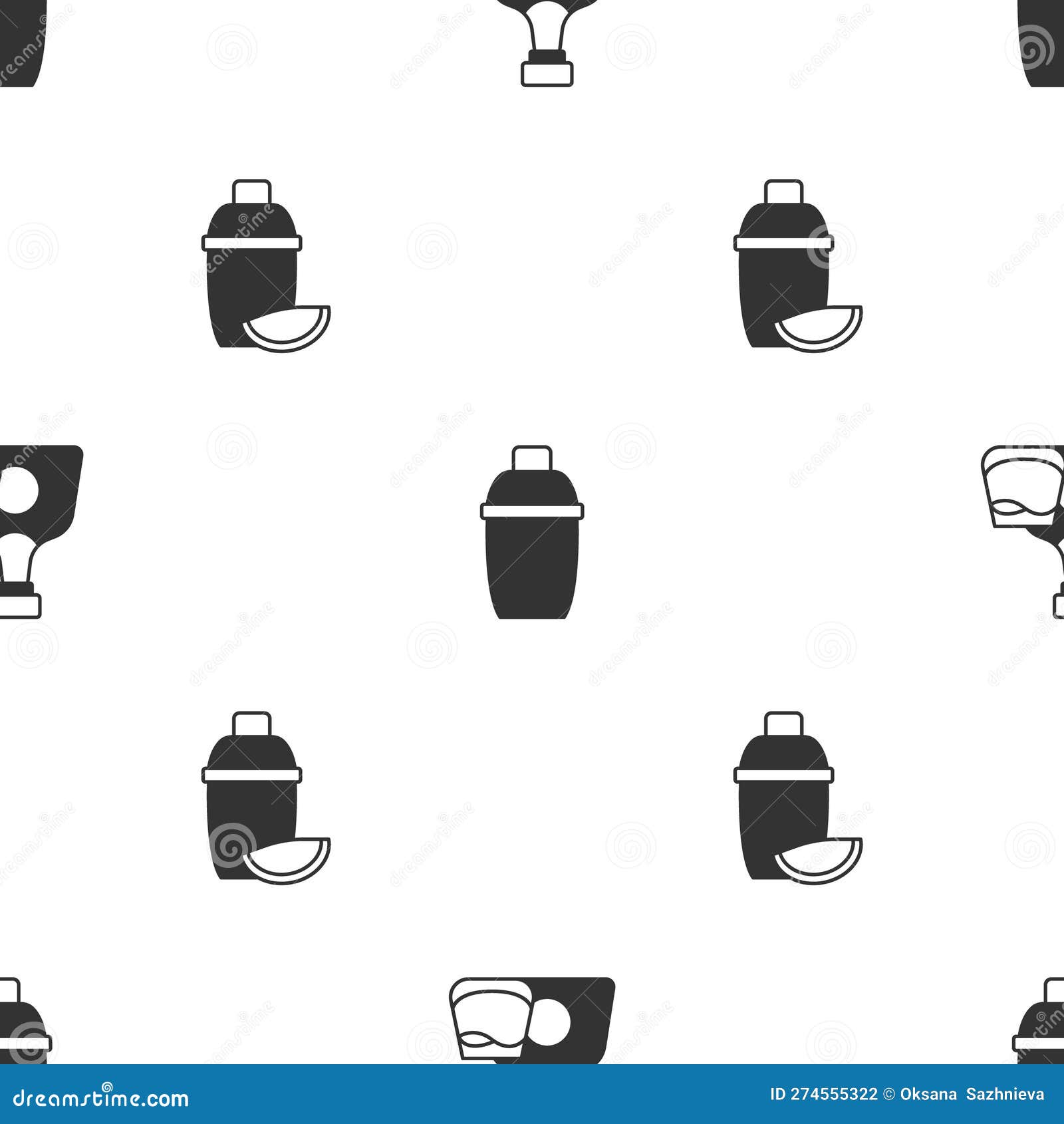 Set Whiskey Bottle and Glass, Cocktail Shaker and with Lime on Seamless ...