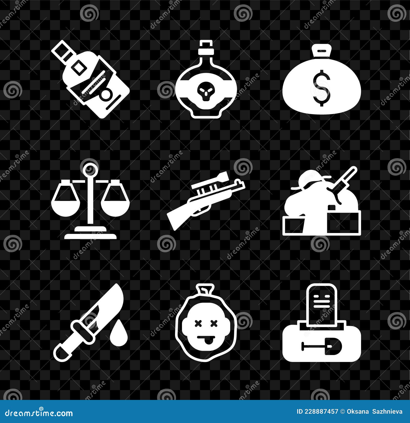 Set Whiskey Bottle, Poison in, Money Bag, Bloody Knife, Murder, Grave ... Set Whiskey Bottle, Poison in, Money Bag, Bloody Knife, Murder, Grave ...