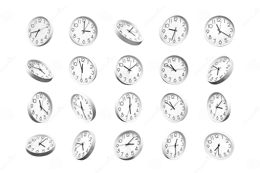 Set of White Analog Clocks at Various Angles and Times Stock Photo ...