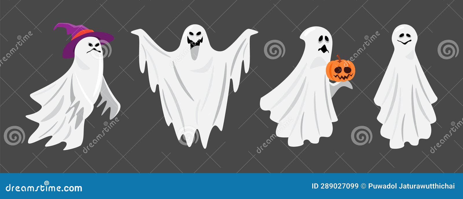 Set of White Cloth Ghost . Halloween Cartoon Characters . Gray Isolate ...