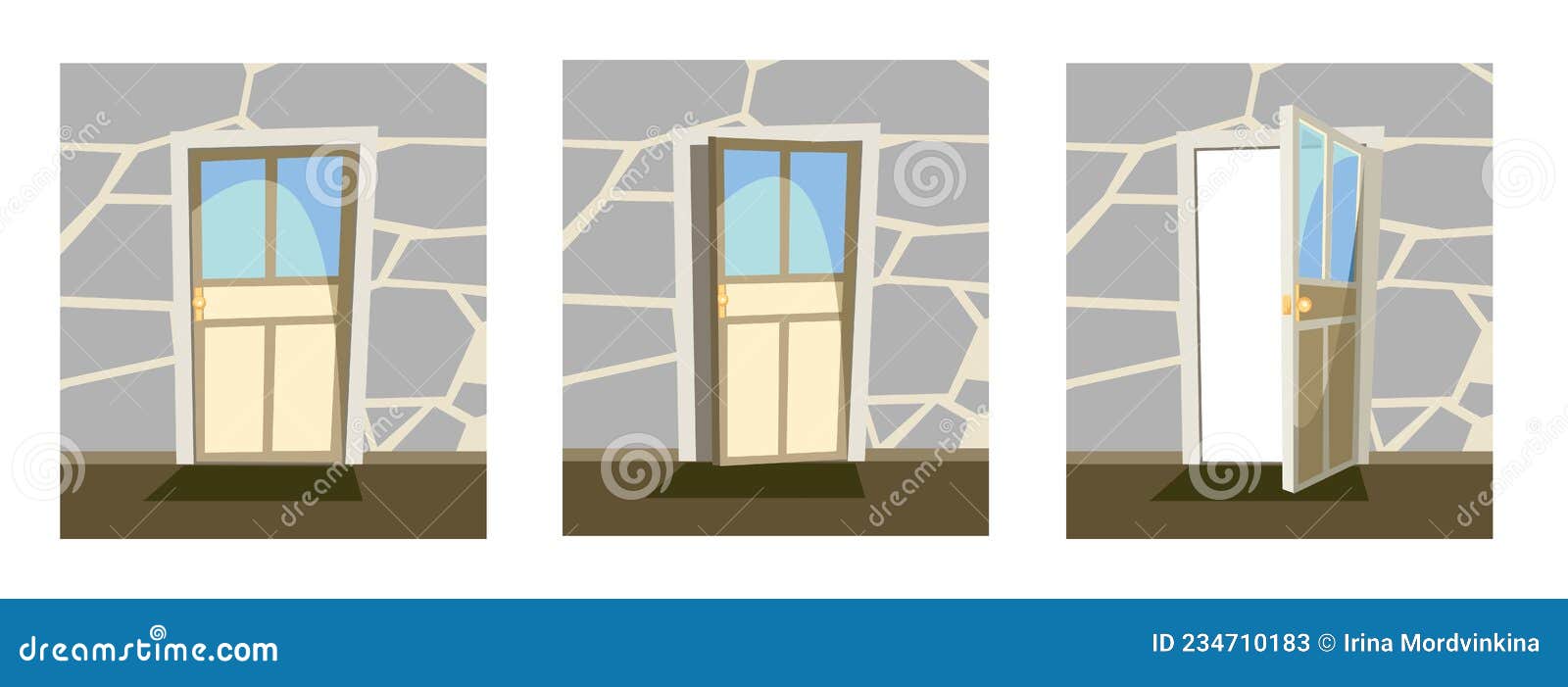 Set of White Doors. Open, Half Ajar and Locked. from Inside of Room at ...