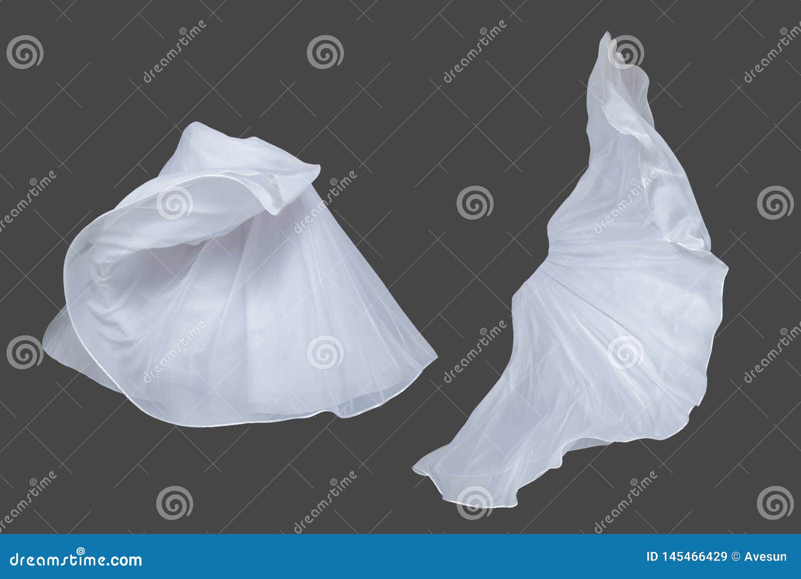 Set of White Fluttering Silk Textile Over Dark Gray Background Stock ...