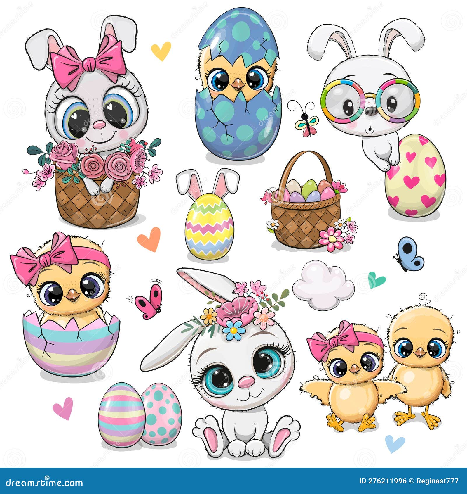 Set with White Rabbits and Cute Cartoon Chickens Stock Vector ...