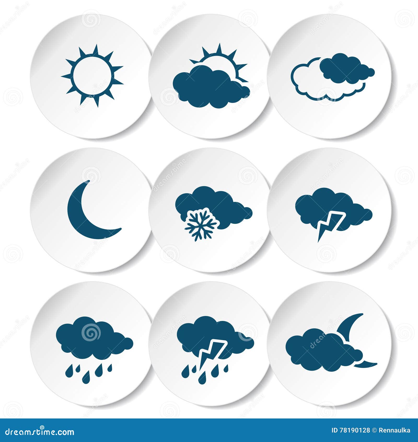 Set of White Rounded Stickers with Dark Blue Weather Symbols, Elements ...