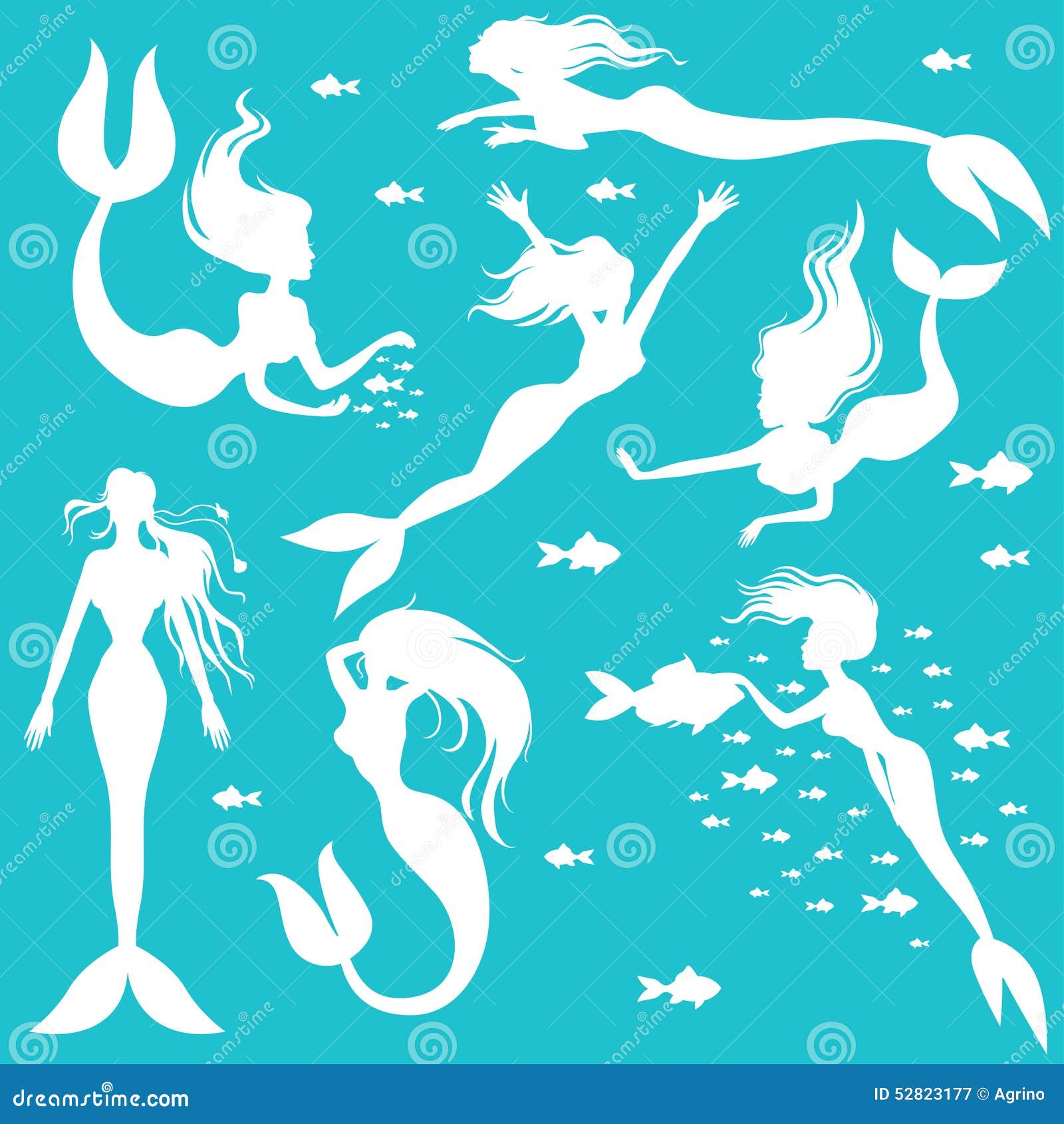 Set White Silhouettes Mermaids on Turquoise Background Stock Vector ...