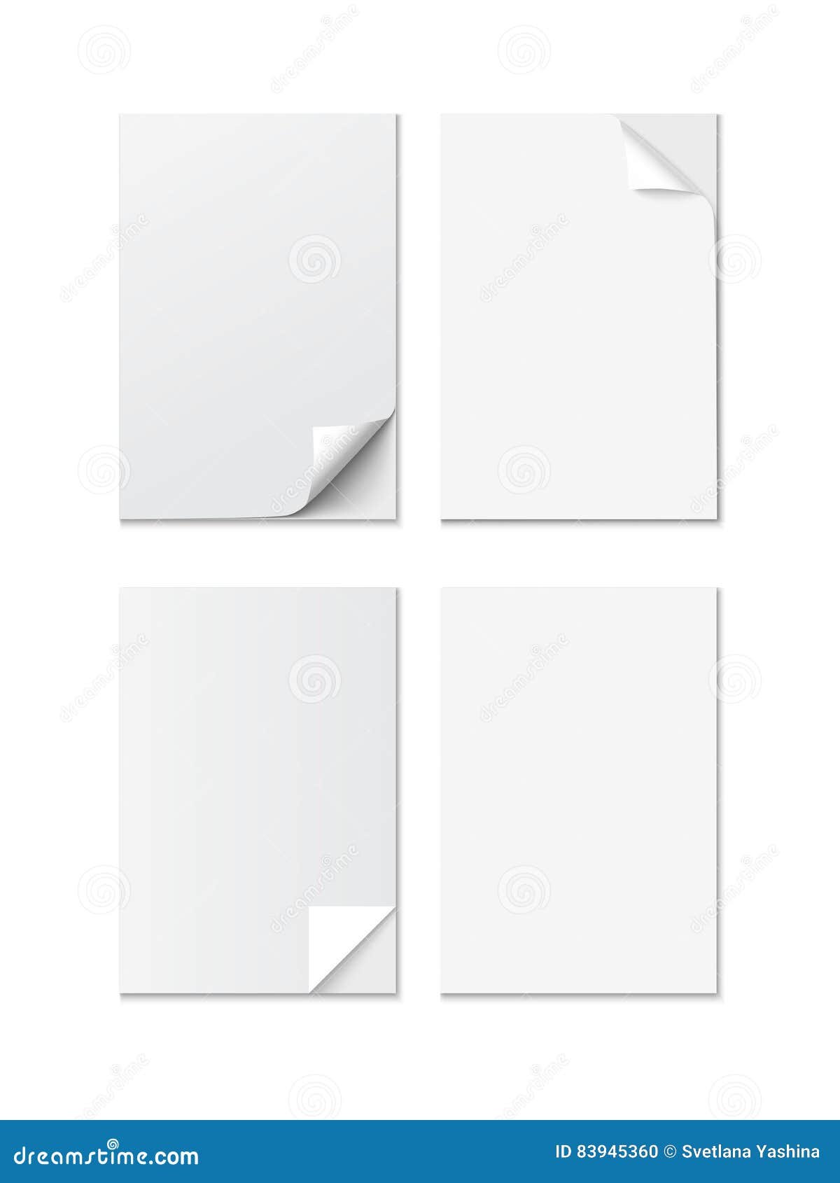 Set of White A4 Size Paper Sheet with Different Curled Corners ...