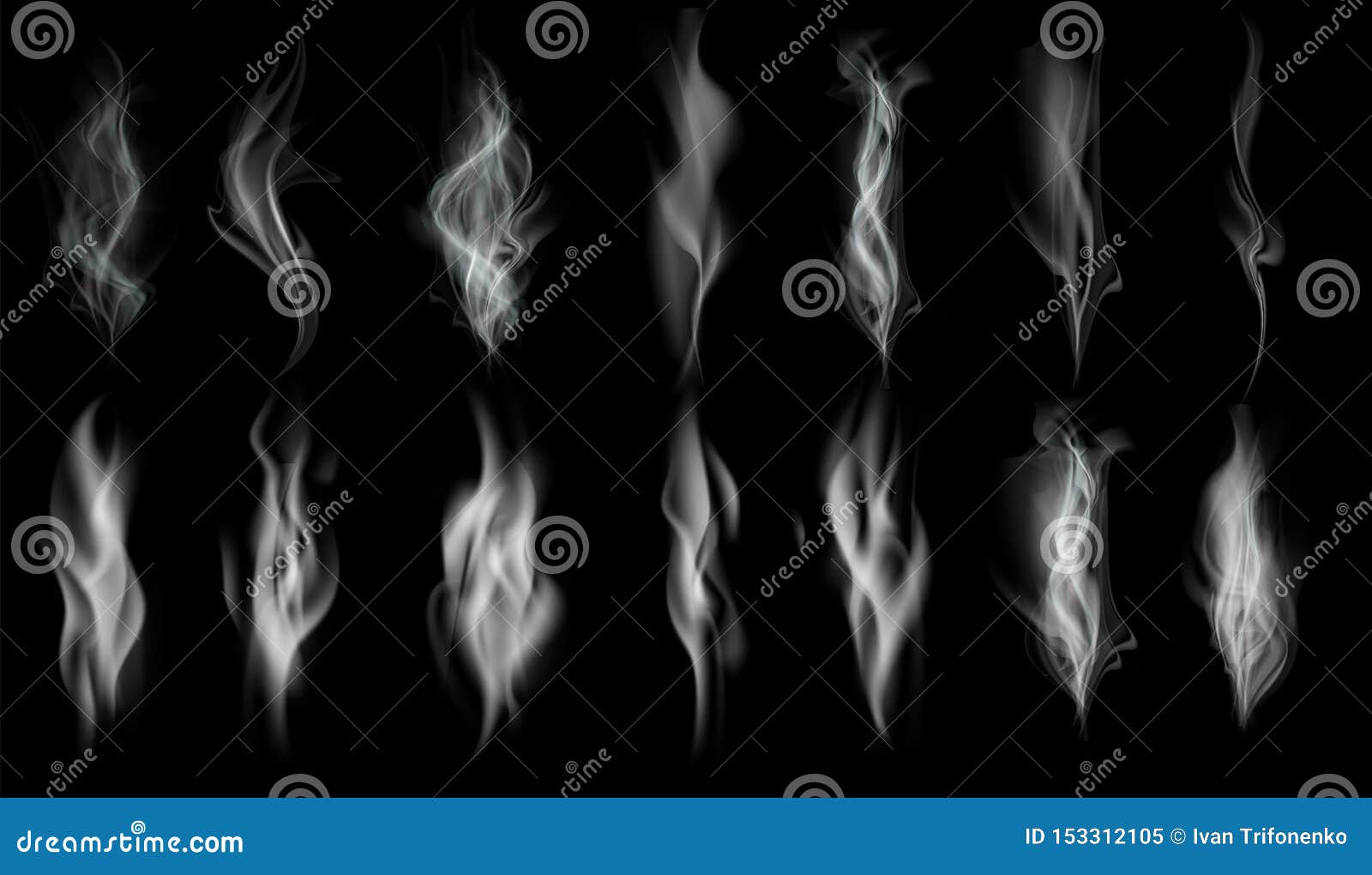 Set of White Smoke Texture. Pattern Isolated on Black Background Stock ...