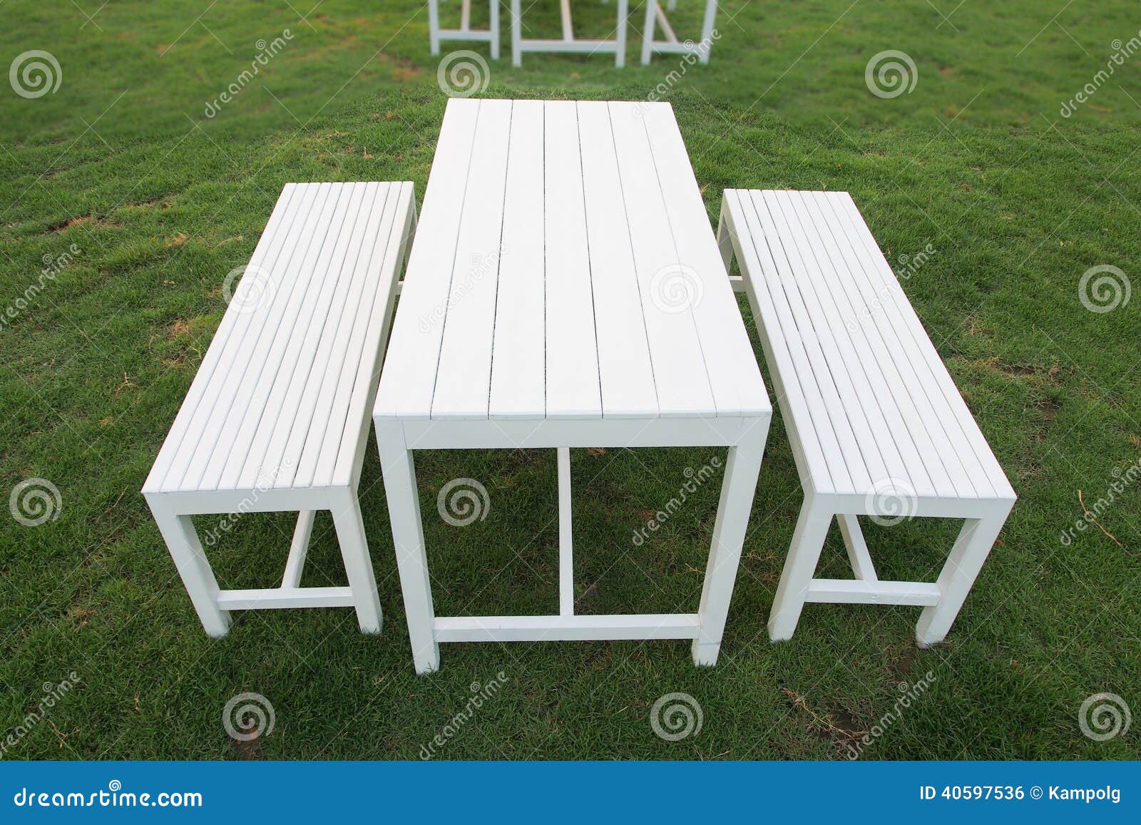 A Set of White Table and Benches Stock Photo - Image of grass, dinner ...