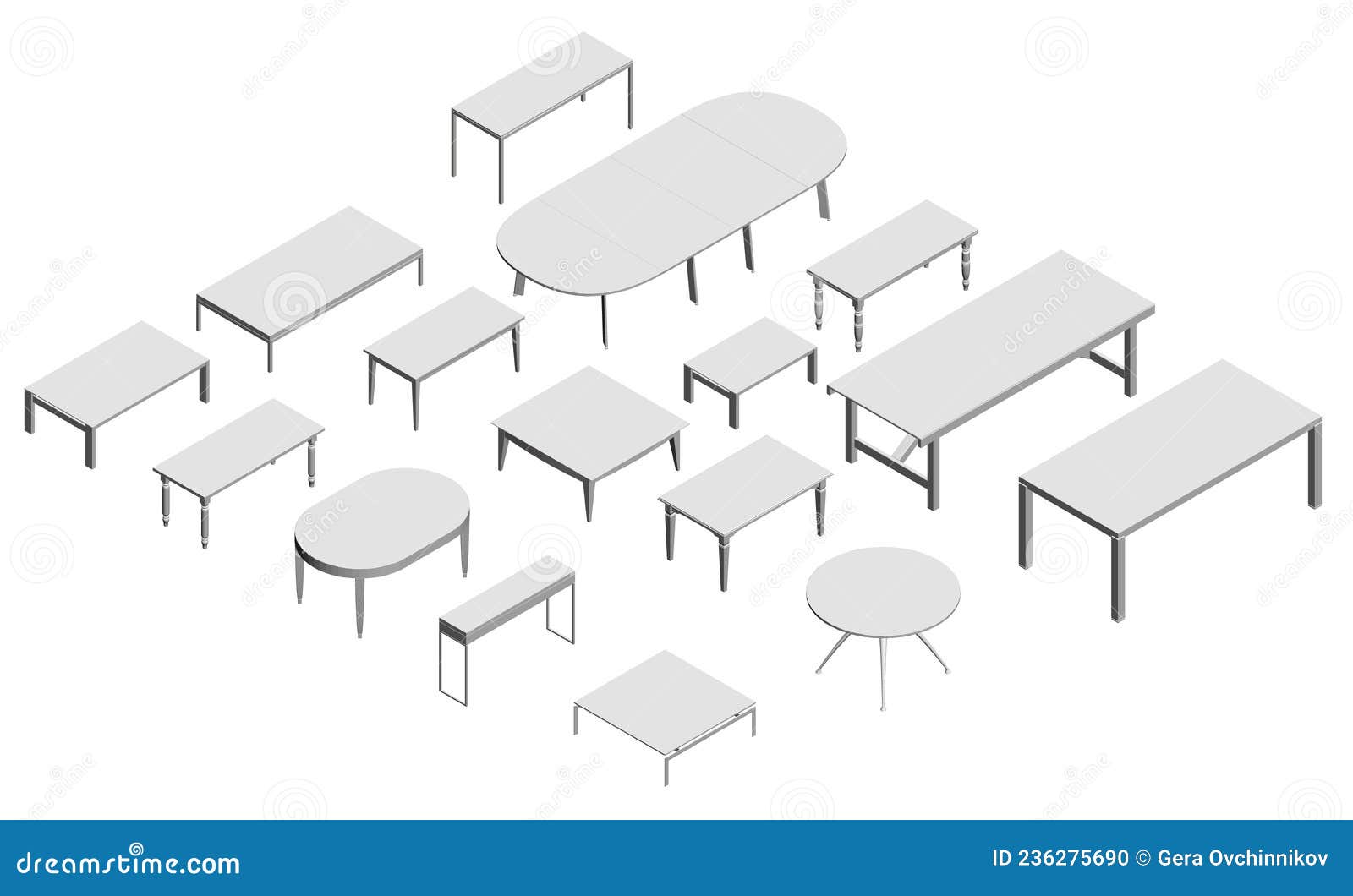 Set with White Tables Isolated on White Background. Isometric View. 3D ...