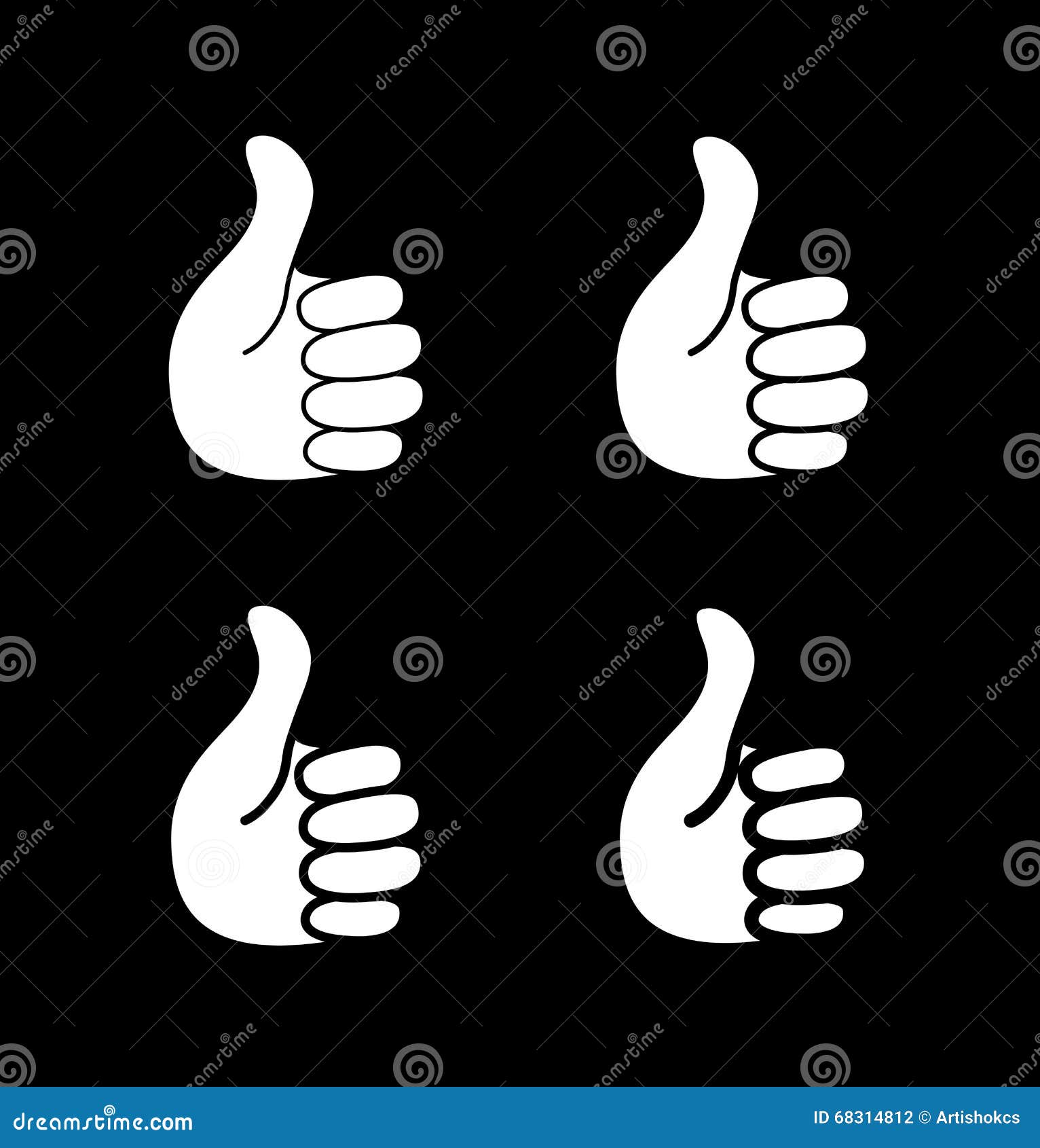 Set Of White Thumb Up Icons On Black Background Vector Illustration ...