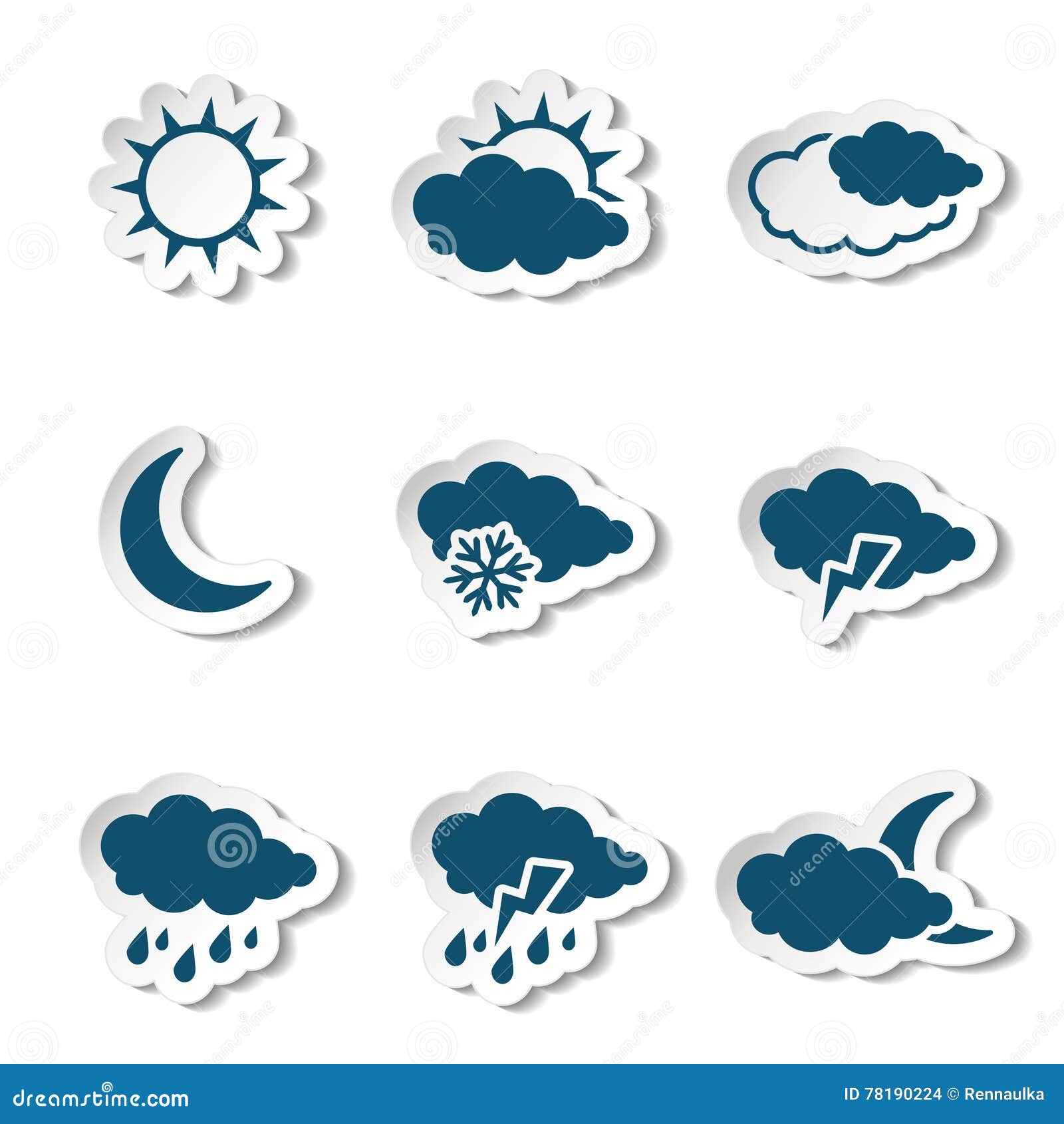 Set of White Various Stickers with Dark Blue Weather Symbols, Elements ...