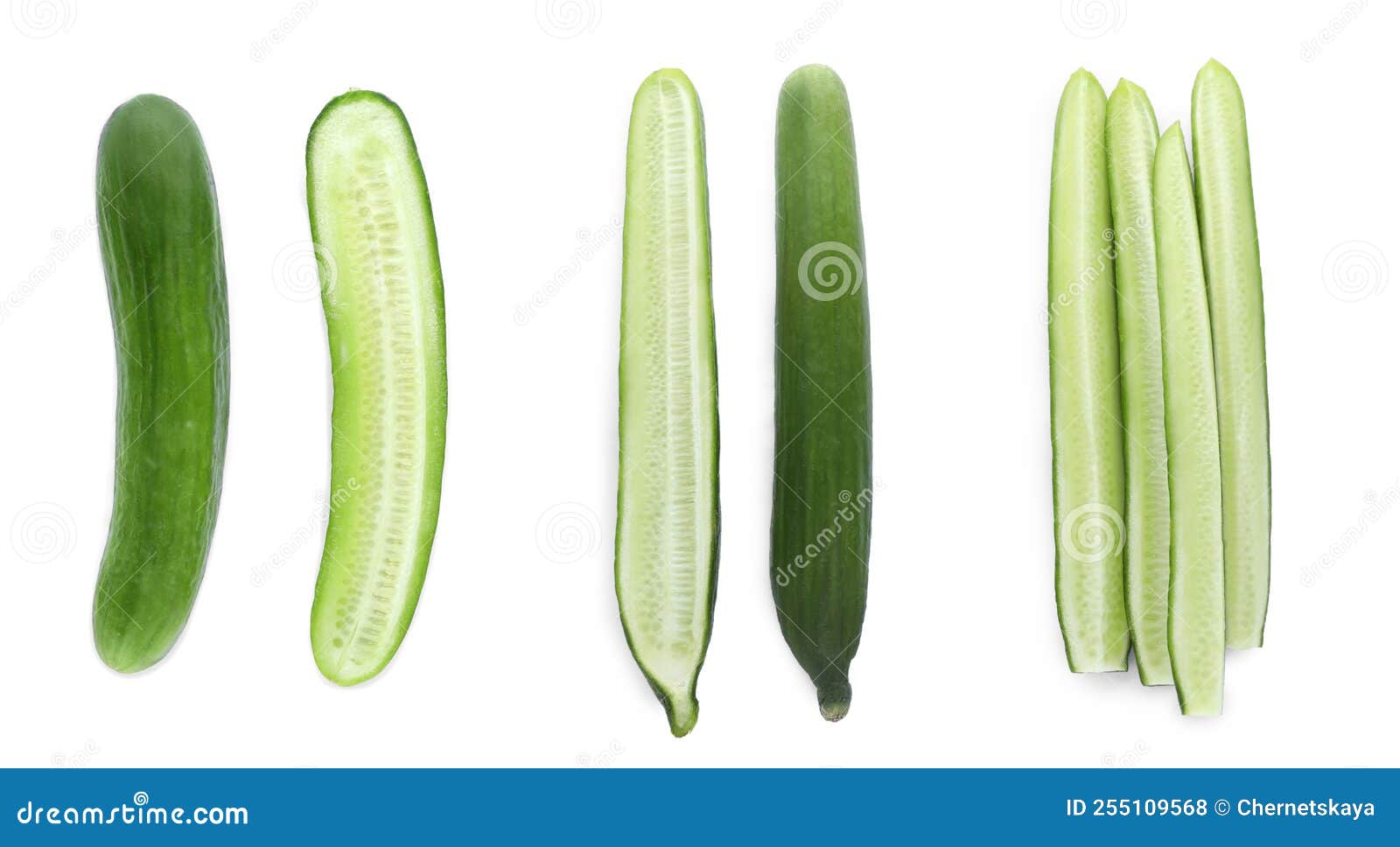Set with Whole and Cut Ripe Cucumbers on White Background, Top View ...
