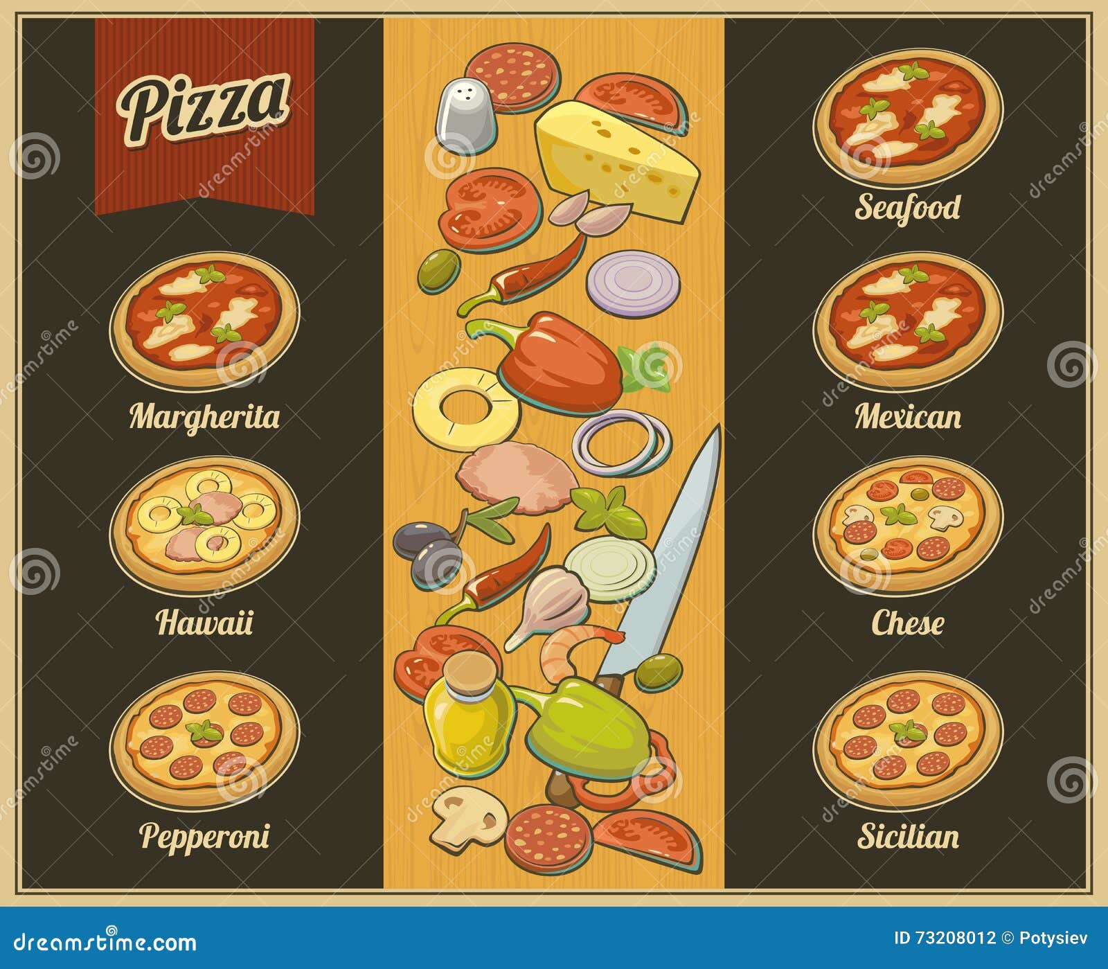 Set Whole Pizza. Vector Isolated Flat Illustration for Poster, Menus ...