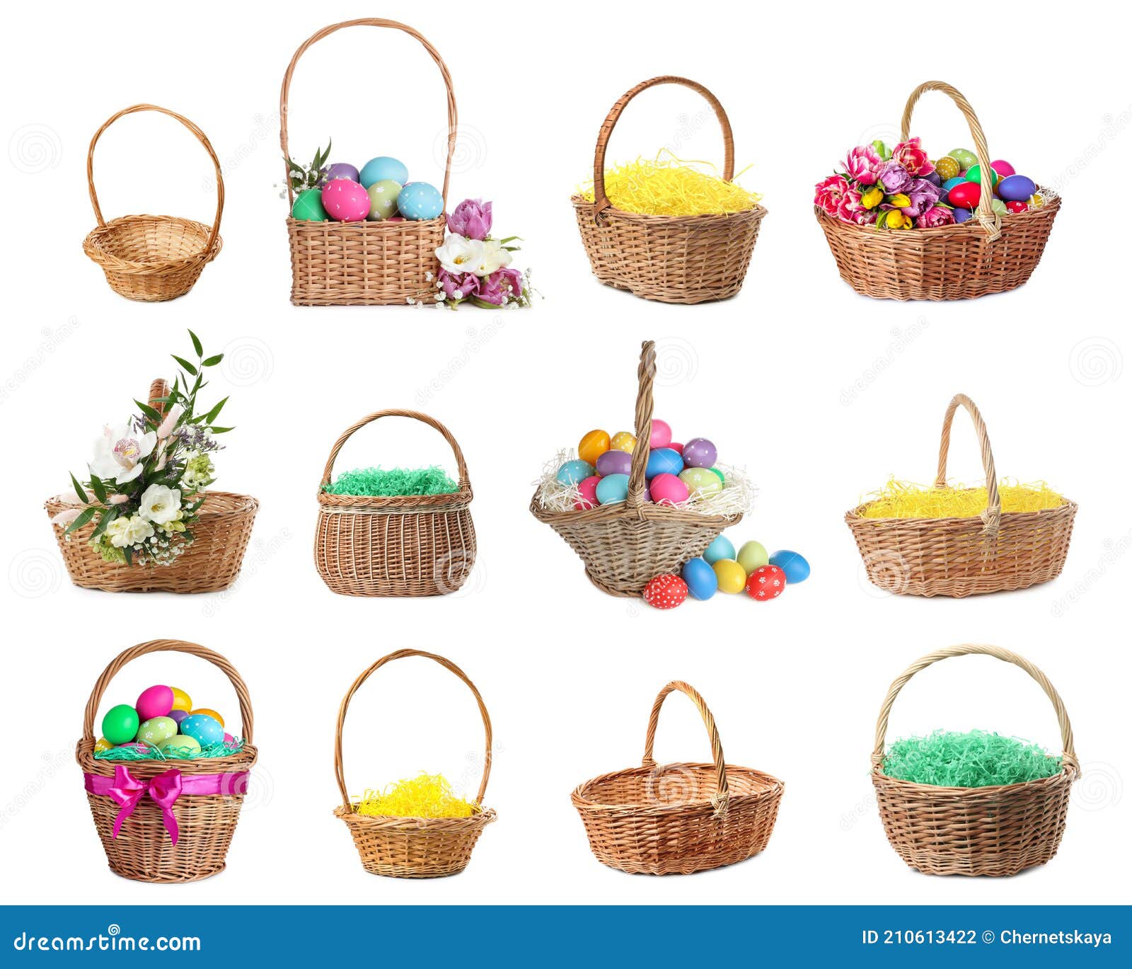 Set with Wicker Baskets on White Background. Easter Item Stock Photo ...