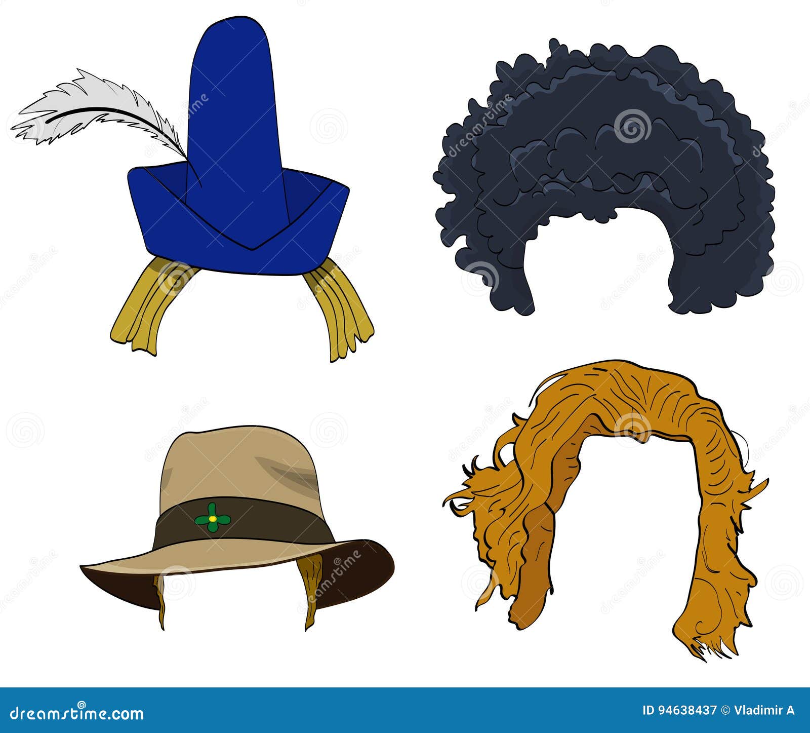 Set of wigs with hats stock illustration. Illustration of human - 94638437