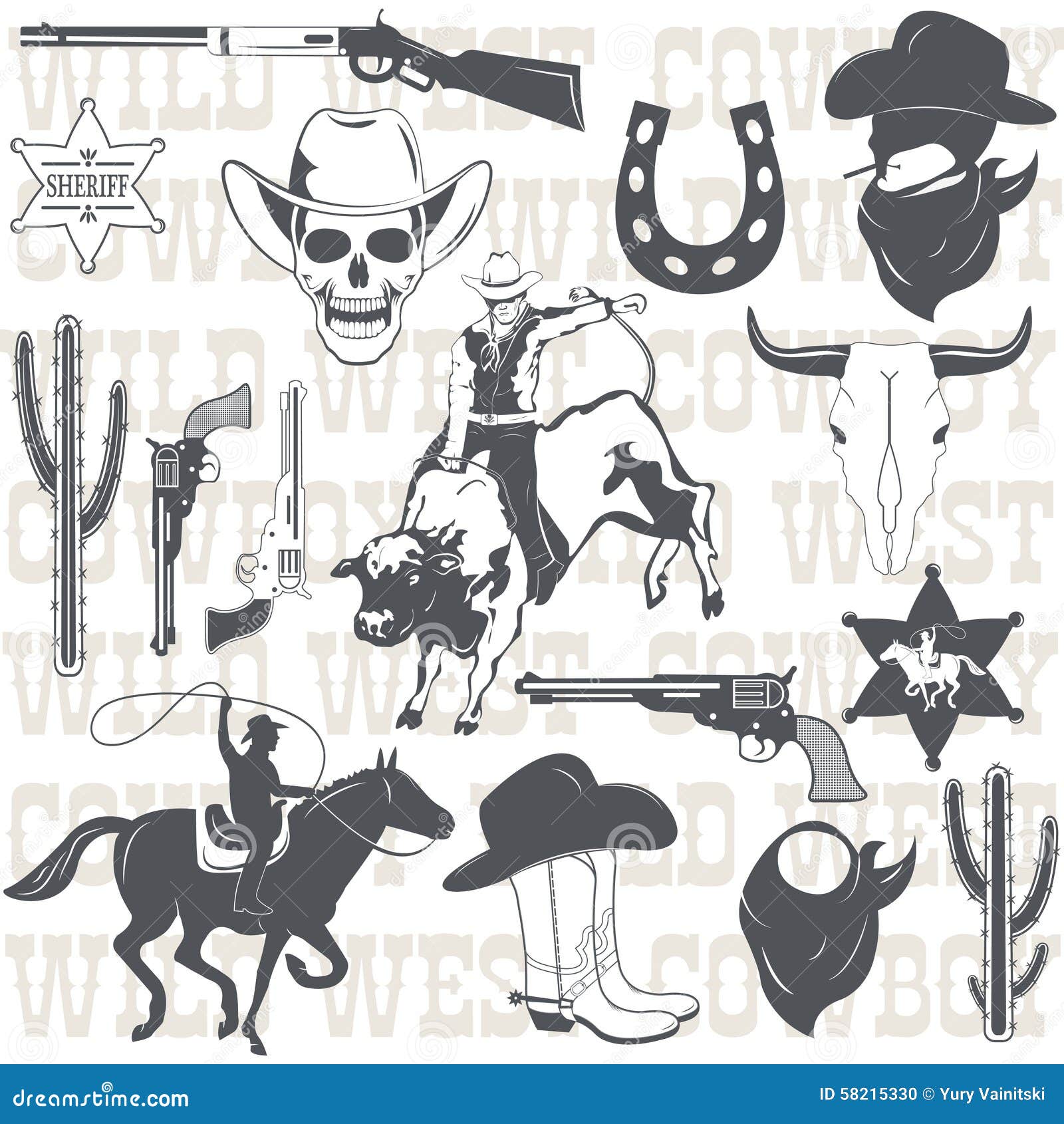 Set of Wild West Cowboy Designed Elements Stock Vector - Illustration ...