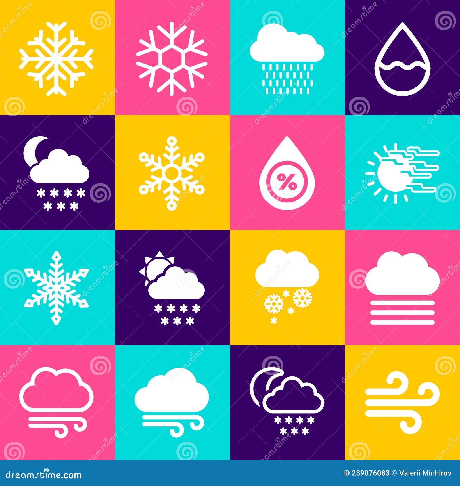 Set Wind, Fog and Cloud, Sun, Cloud with Rain, Snowflake and Snow Moon ...