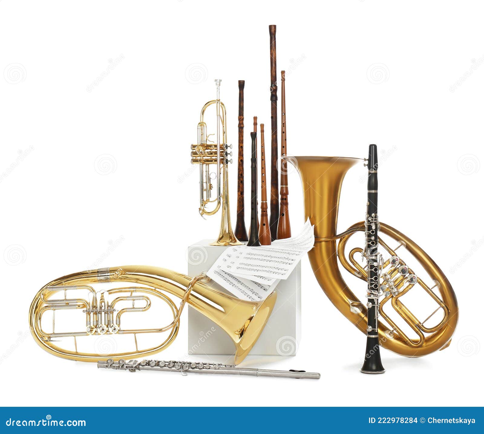 Set of Wind Musical Instruments on White Stock Photo - Image of flute ...